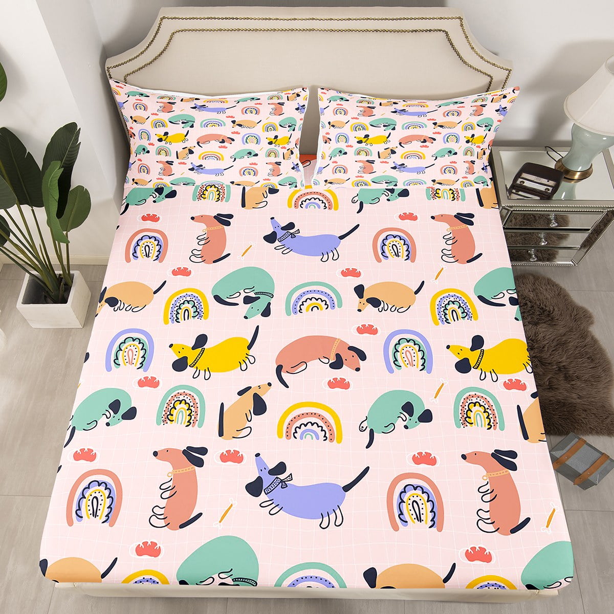 Funny Dog Twin Sheets Rainbow Bed Sheets, Cartoon Dachshund Fitted ...
