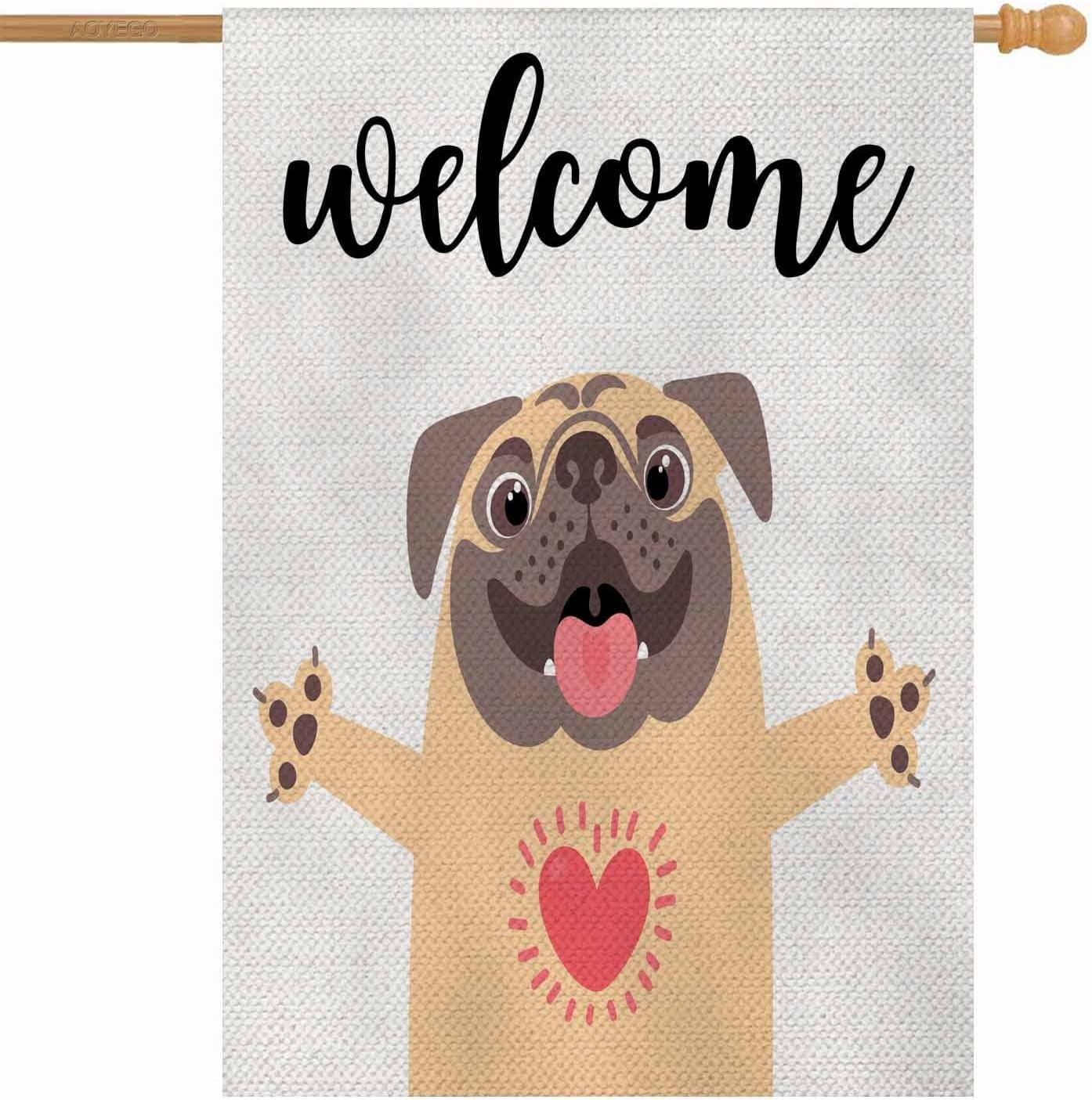 Funny Dog Welcome House Flags 28 x 40 Double Sided Burlap Greeting Cute ...