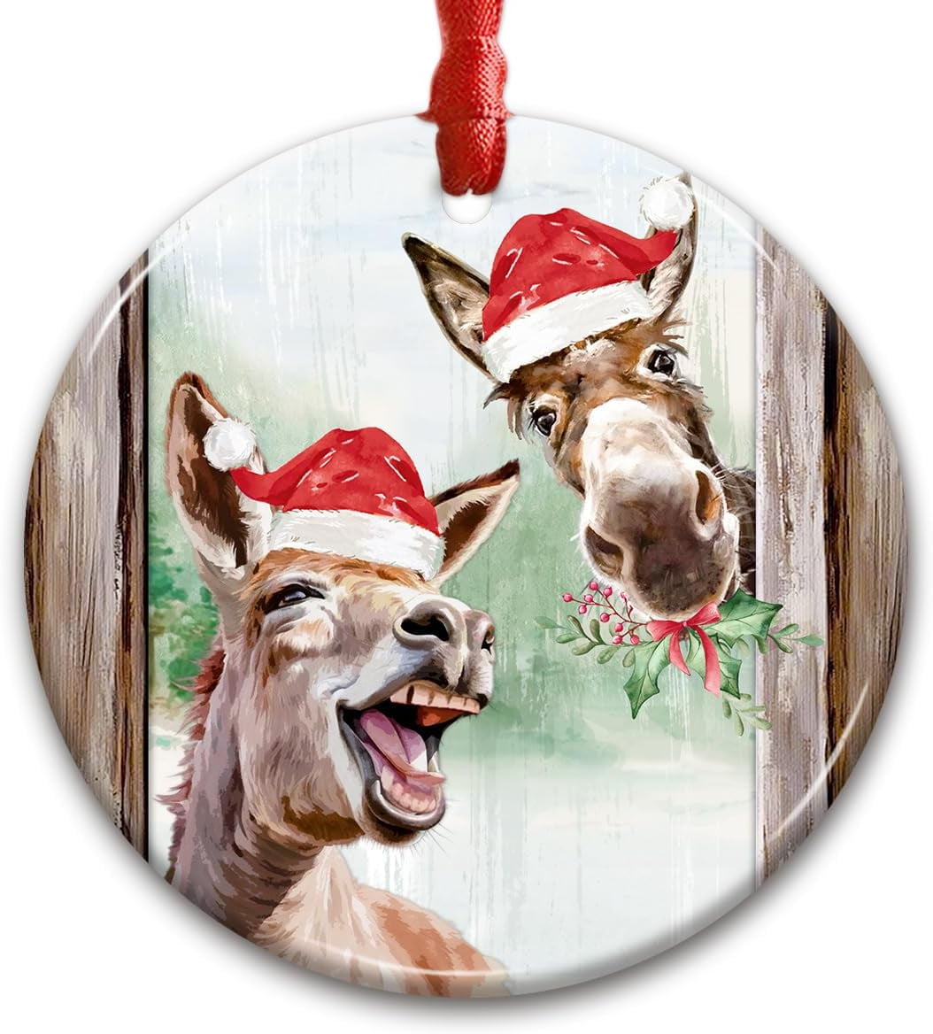 Funny Donkey Christmas Ornament - Donkeys with Santa Hat Ceramic ...