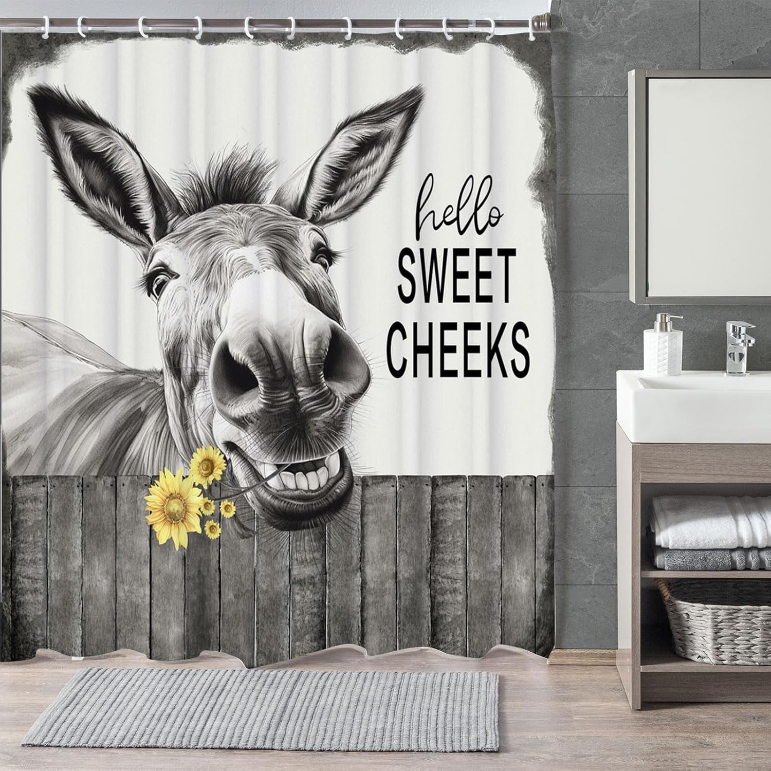 Funny Donkey Shower Curtain, Black and White Farmhouse Farm Animal ...