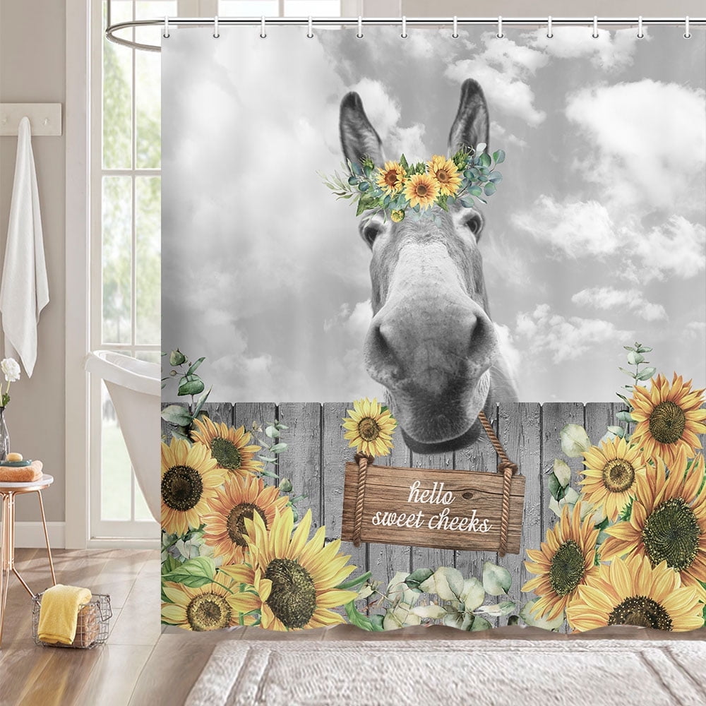 Funny Donkey Shower Curtain Set, Rustic Farmhouse Decor with Sunflower ...