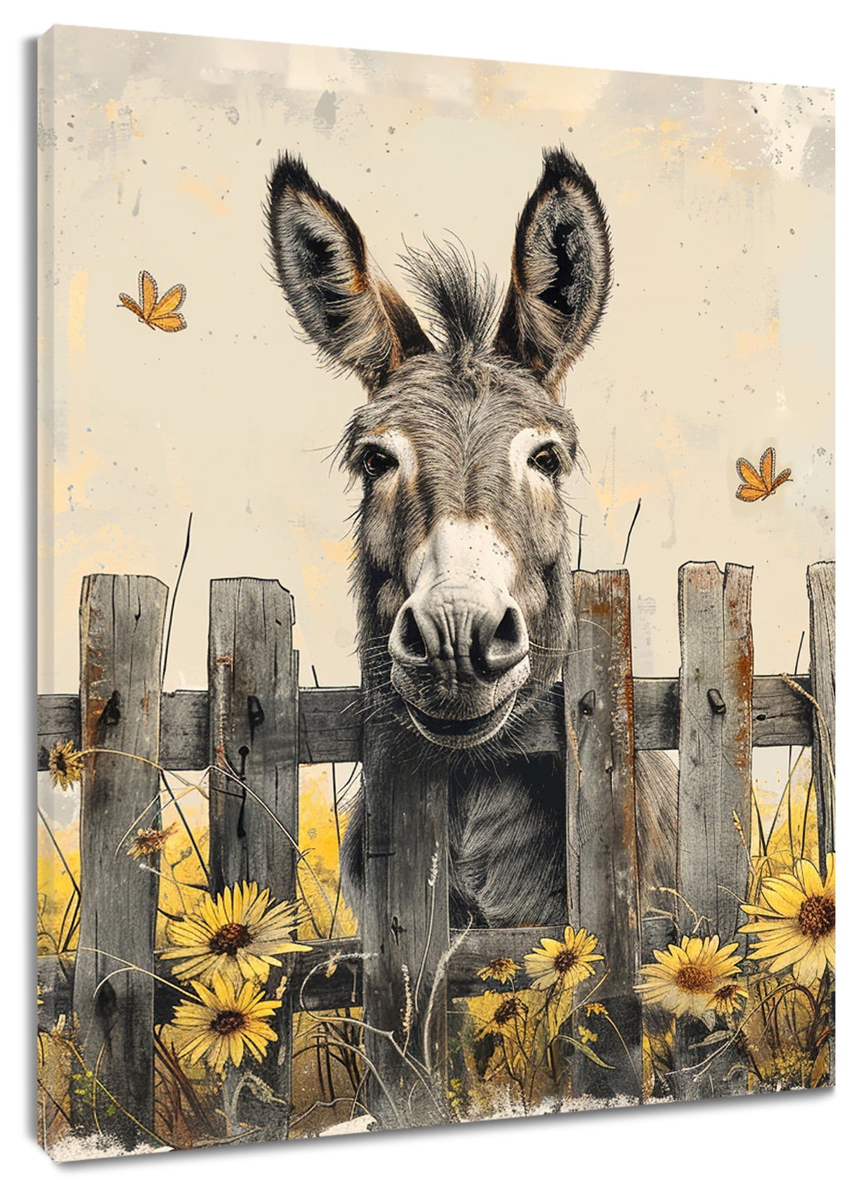 Funny Donkey Wall Art Brown Donkey with Yellow Sunflower Butterfly in ...