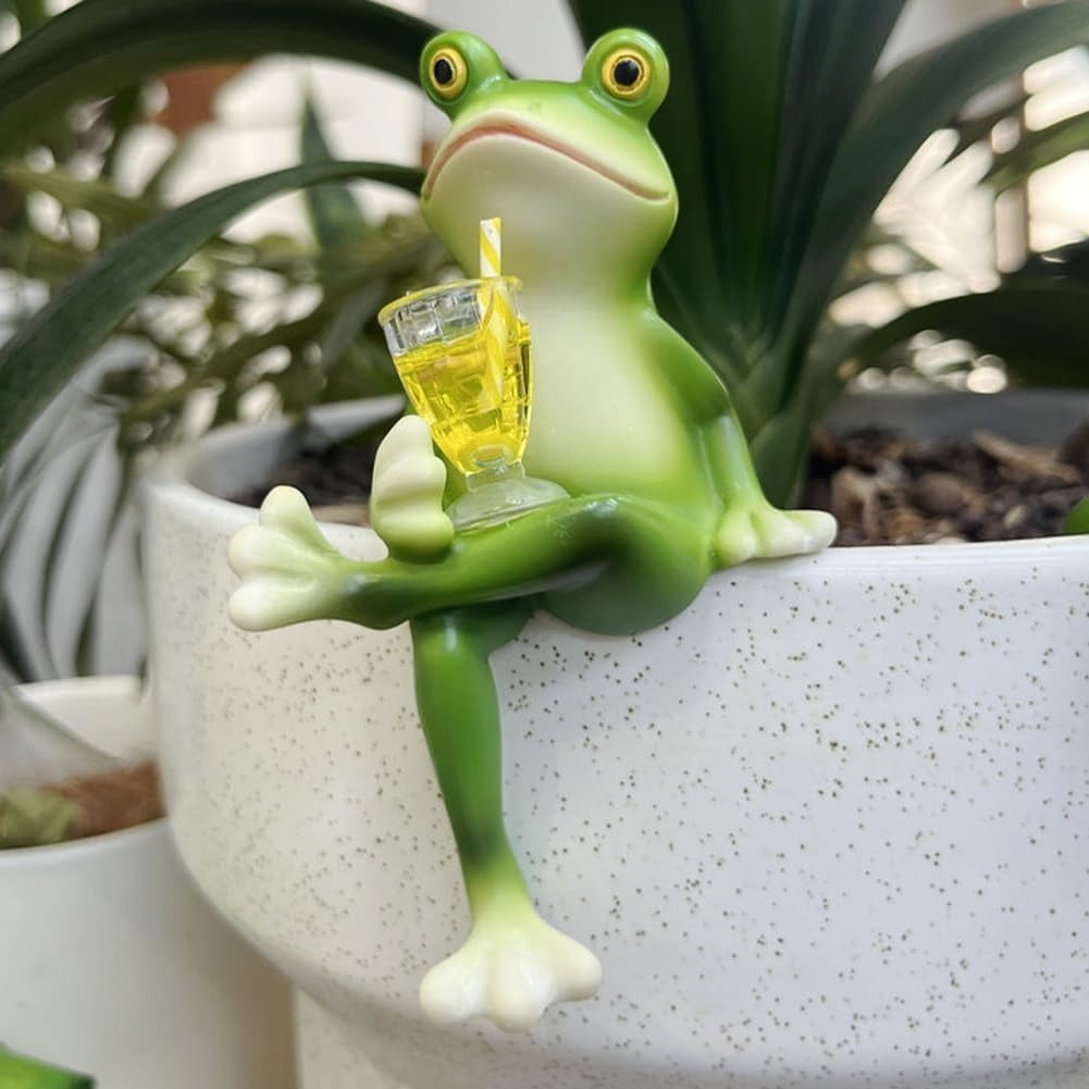 Funny Drinking Flower Pot Hugger - Cute Frog Figurine for Planters, Pot ...