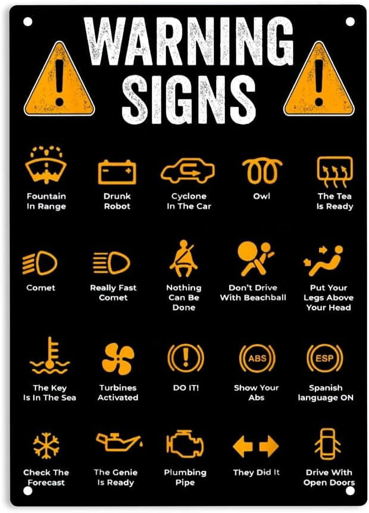 Funny Driving Warning Lights Signs Mechanics Funny Sarcastic Sign Metal ...