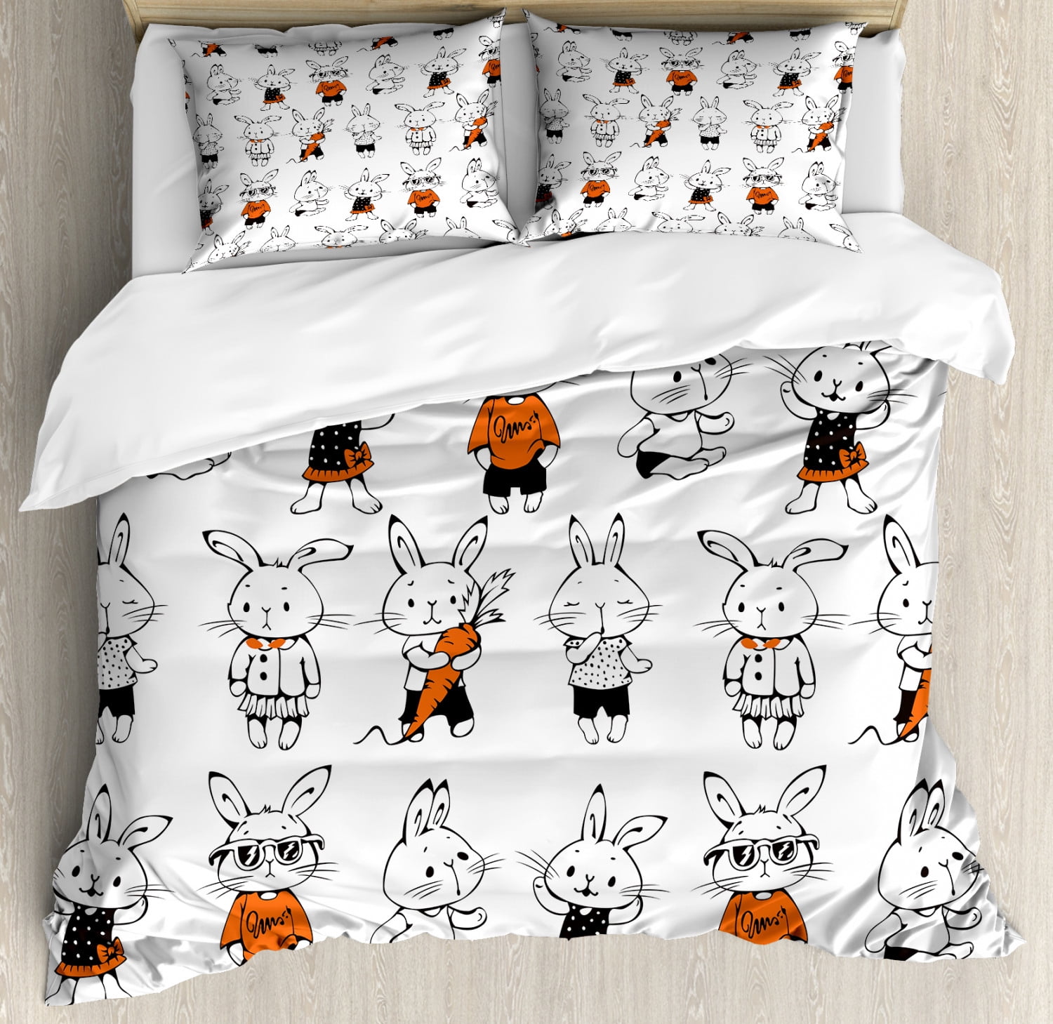 Funny Duvet Cover Set Queen Size, Cute Retro Bunny Rabbits with ...