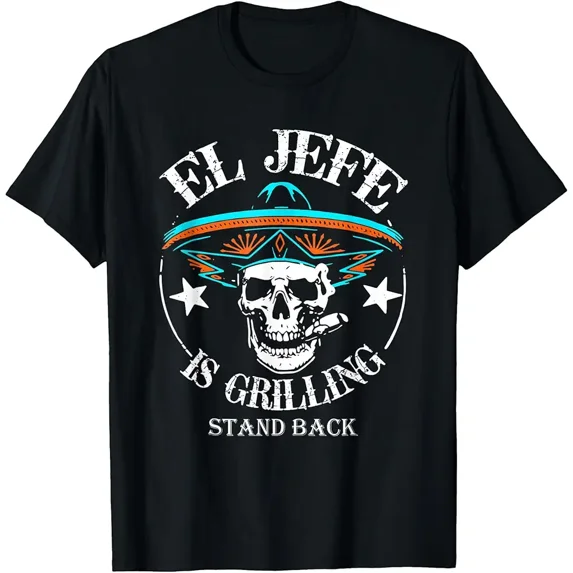 Funny El Jefe Grilling Skull Sombrero Men's Short Sleeve Graphic T ...