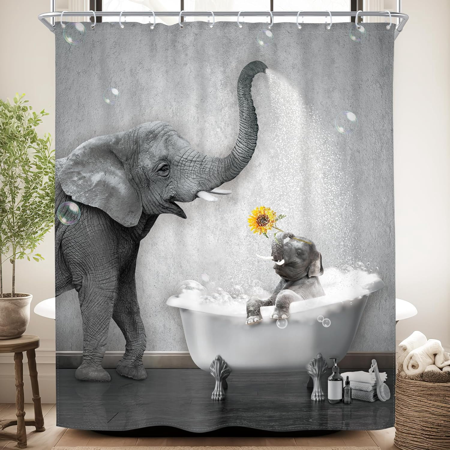 Funny Elephant Shower Curtain Mother and Child Playing Water in Bathtub ...