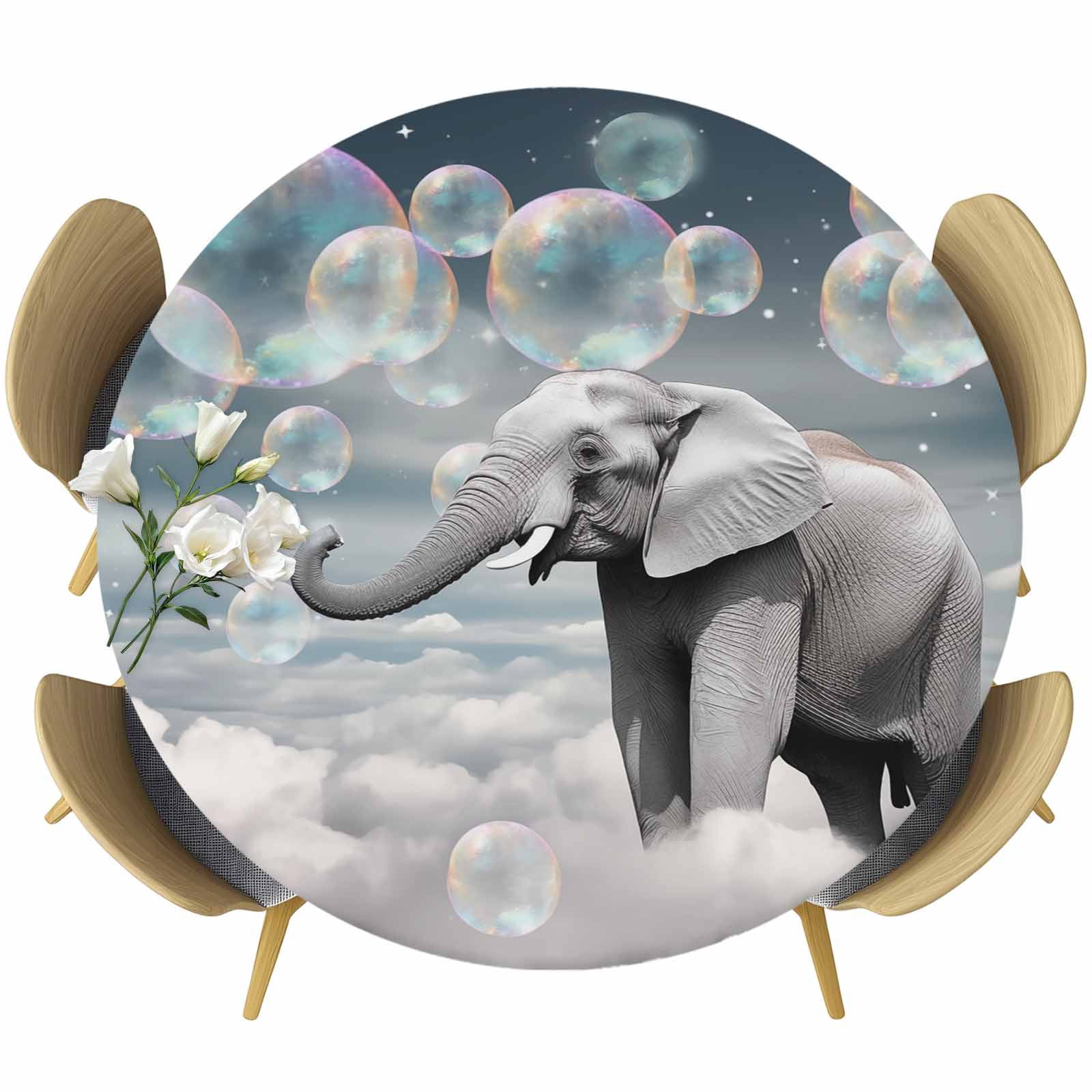 Funny Elephants Blow Bubbles Fitted Round Tablecloth Gray White Elastic ...