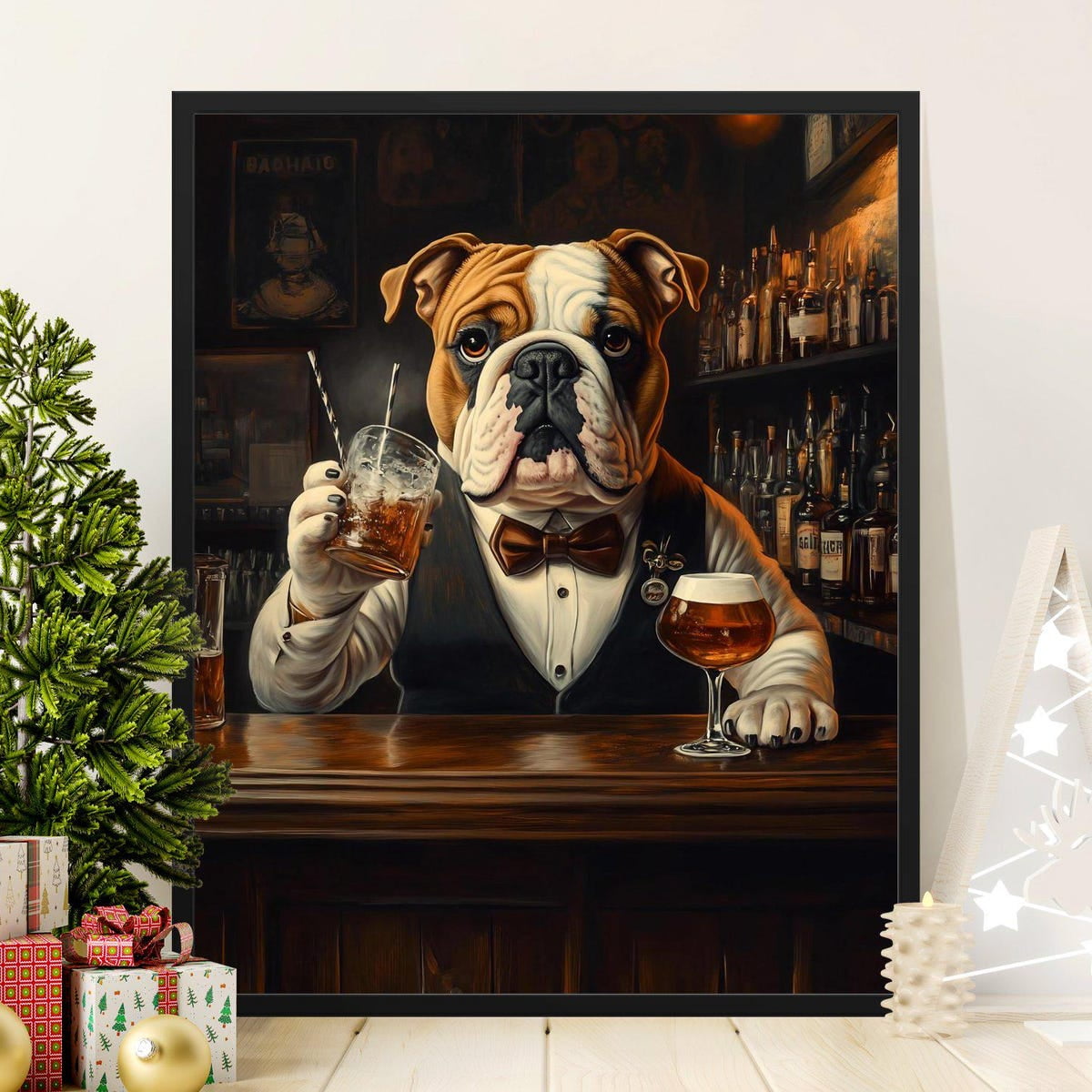 Funny English Bulldog Bartender Poster, Bulldog in Suit Art Print ...