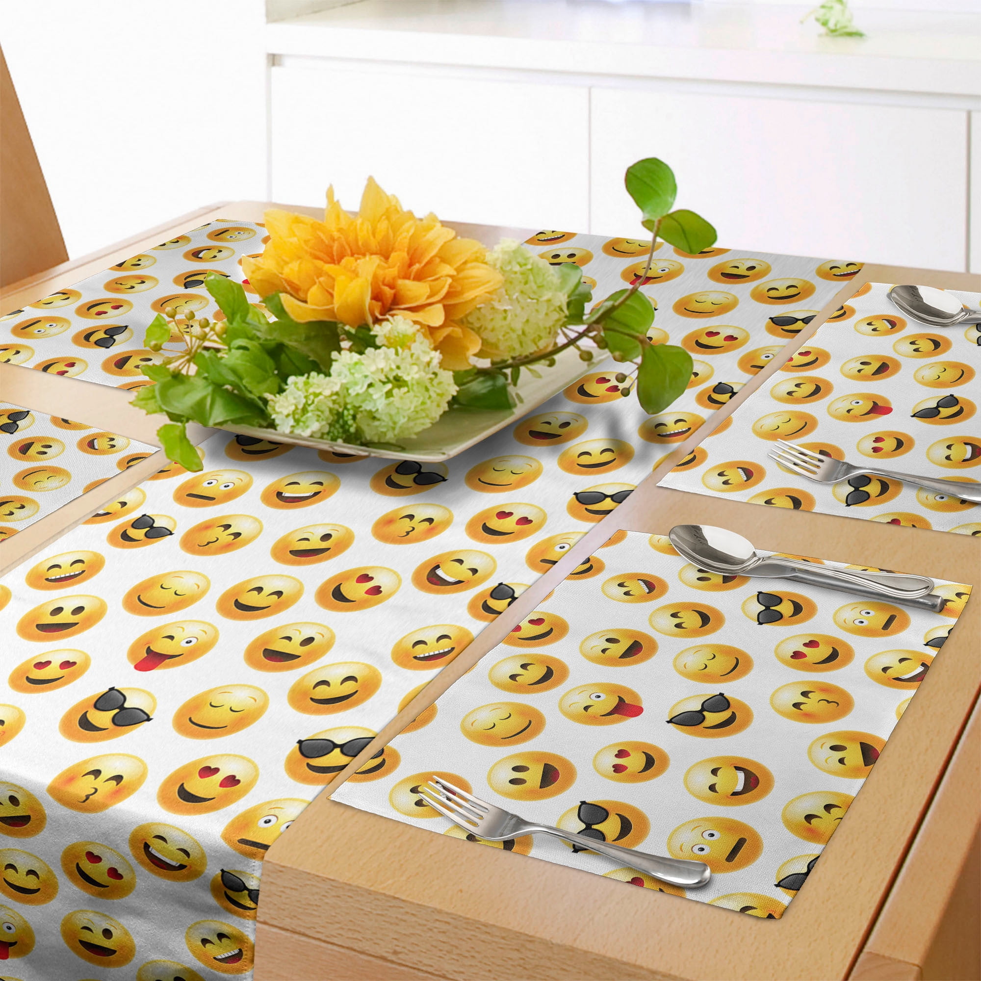 Funny Faces Table Runner & Placemats, Smiling Character Illustration ...