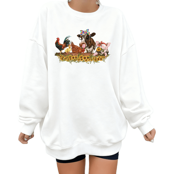 Funny Farm Cow Pig Rooster Sweatshirt Whimsical Animal Art Sunflower ...
