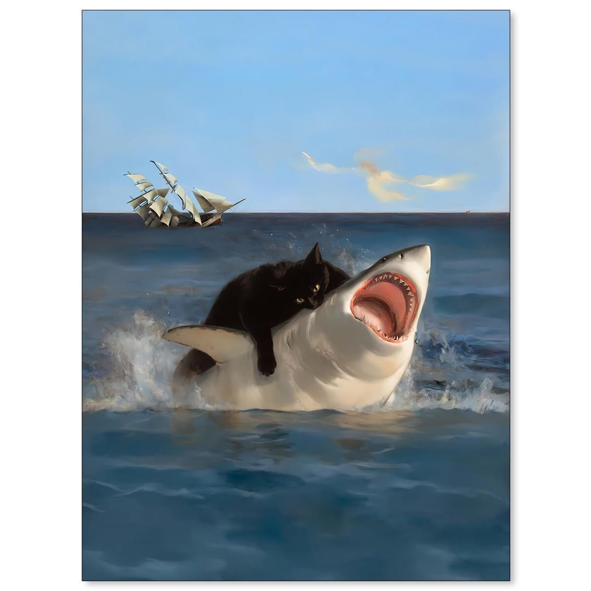Funny Fat Cat Vs. Shark Poster Renaissance Canvas Wall Art Quirky Black ...