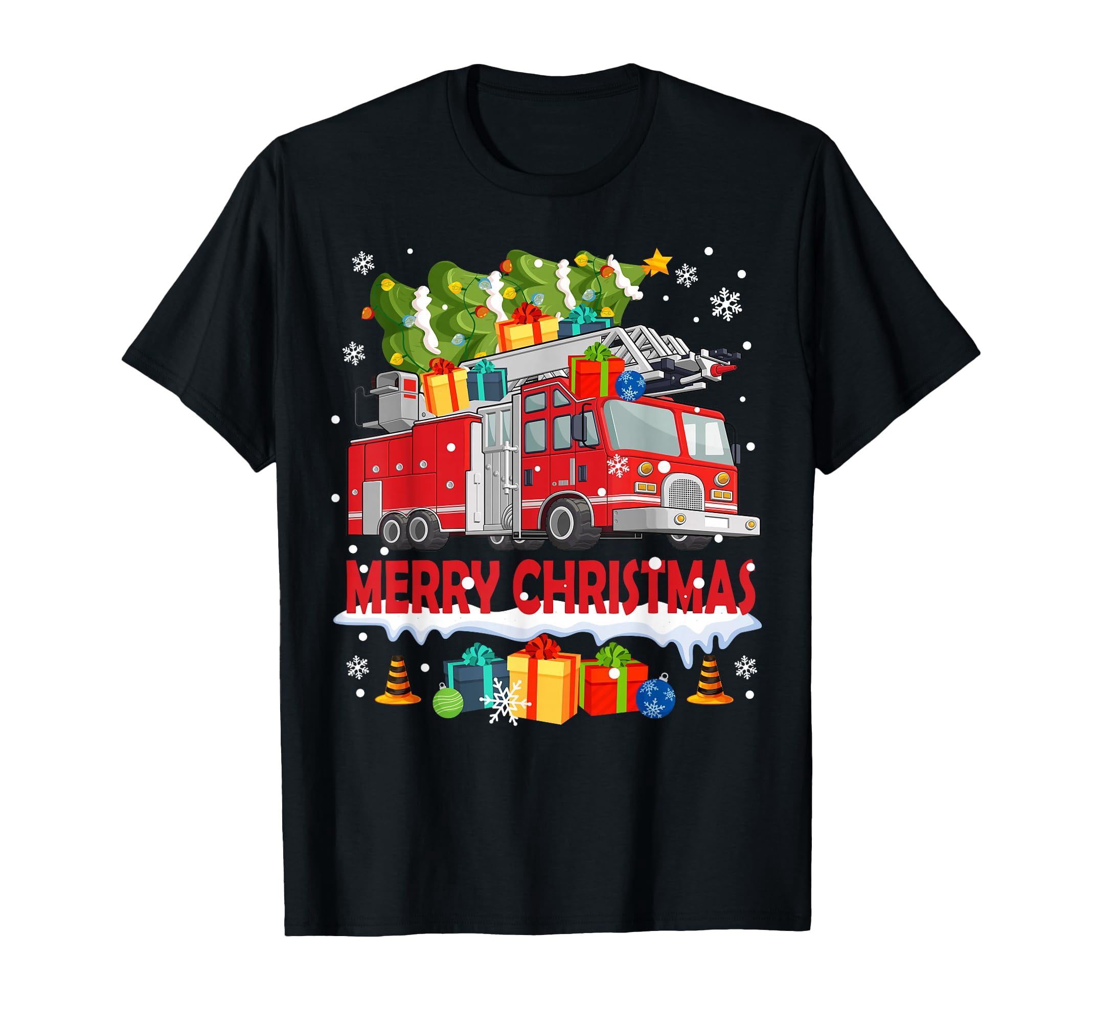Funny Fire Truck Christmas Tree Pajamas T-Shirt for Festive Holiday ...