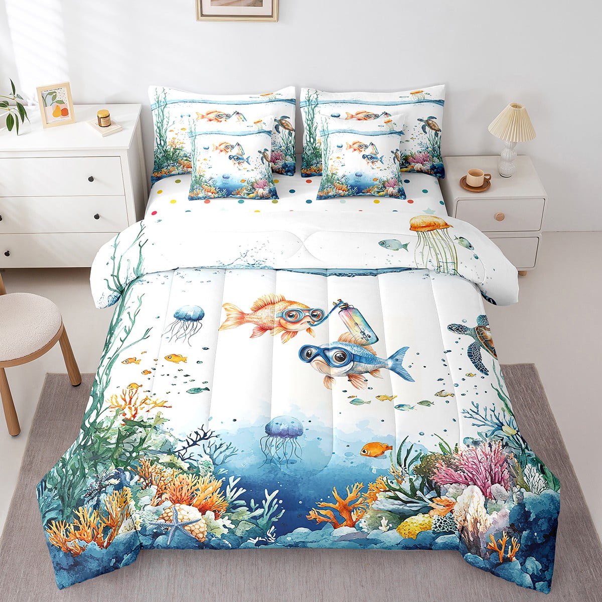 Funny Fish Bed in a Bag Queen Comforter Set 7 Piece, Sea Turtle Coastal ...