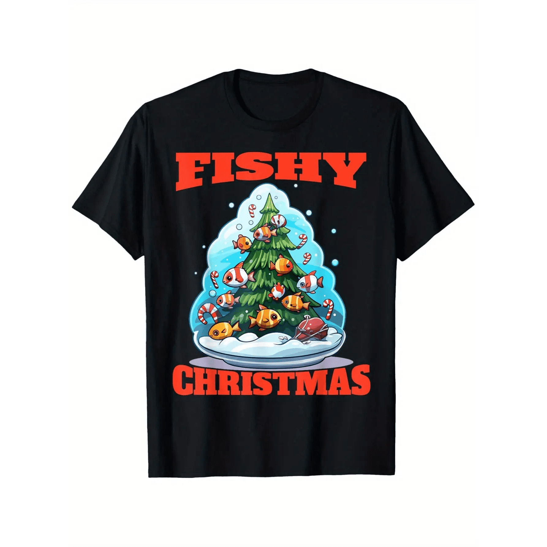 Funny Fish Christmas Tree Pattern T-Shirt, Casual Crew Neck Short ...