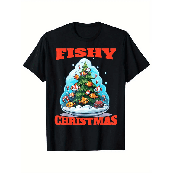 Funny Fish Christmas Tree Pattern T-Shirt, Casual Crew Neck Short ...
