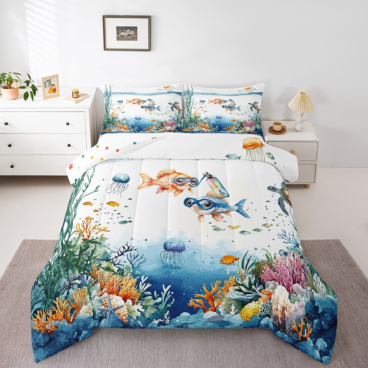 Funny Fish Comforter Set Sea Turtle Coastal Twin Bedding Sets ,Blue ...