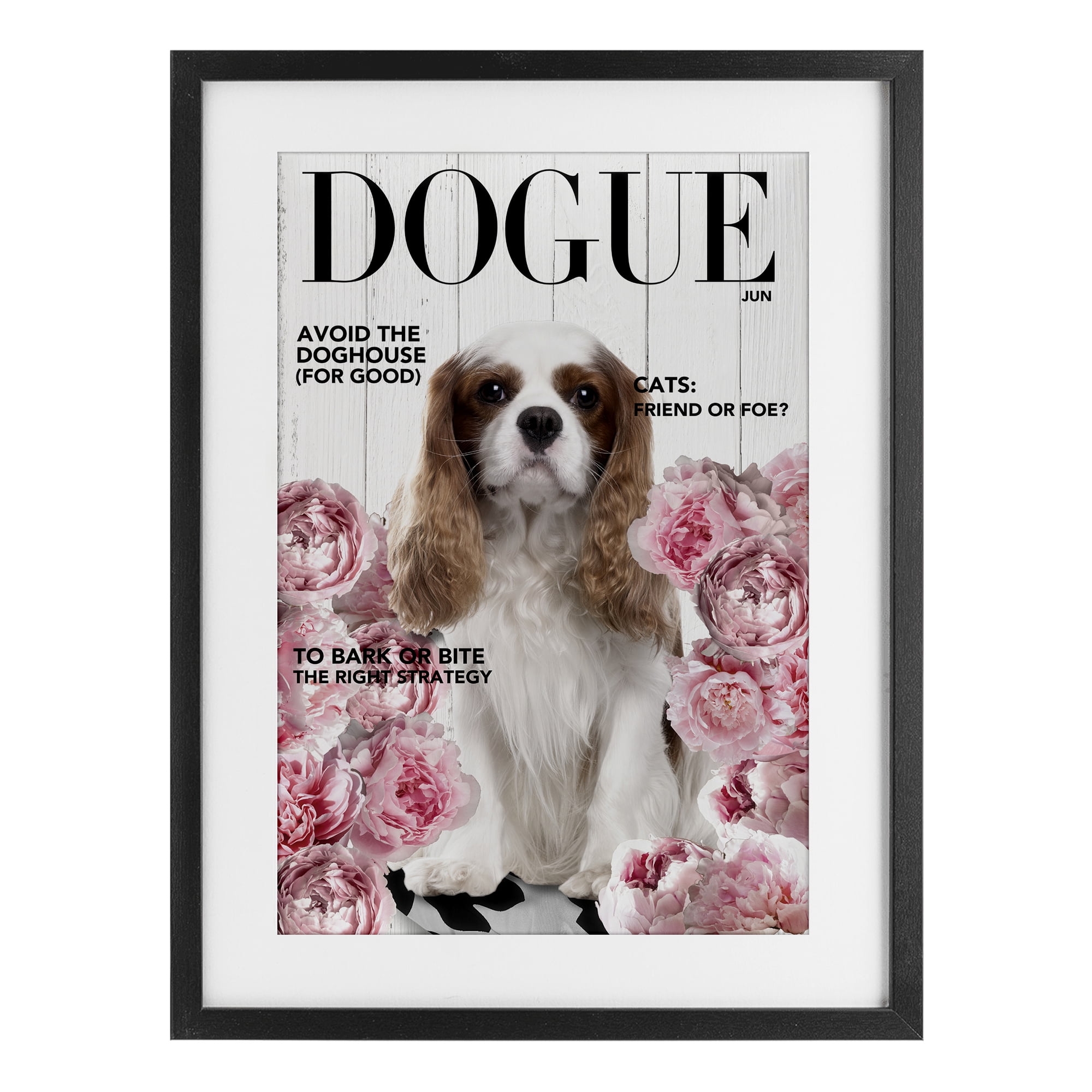 Funny Floral Dog Magazine Black Framed Print Under Glass, design by ...