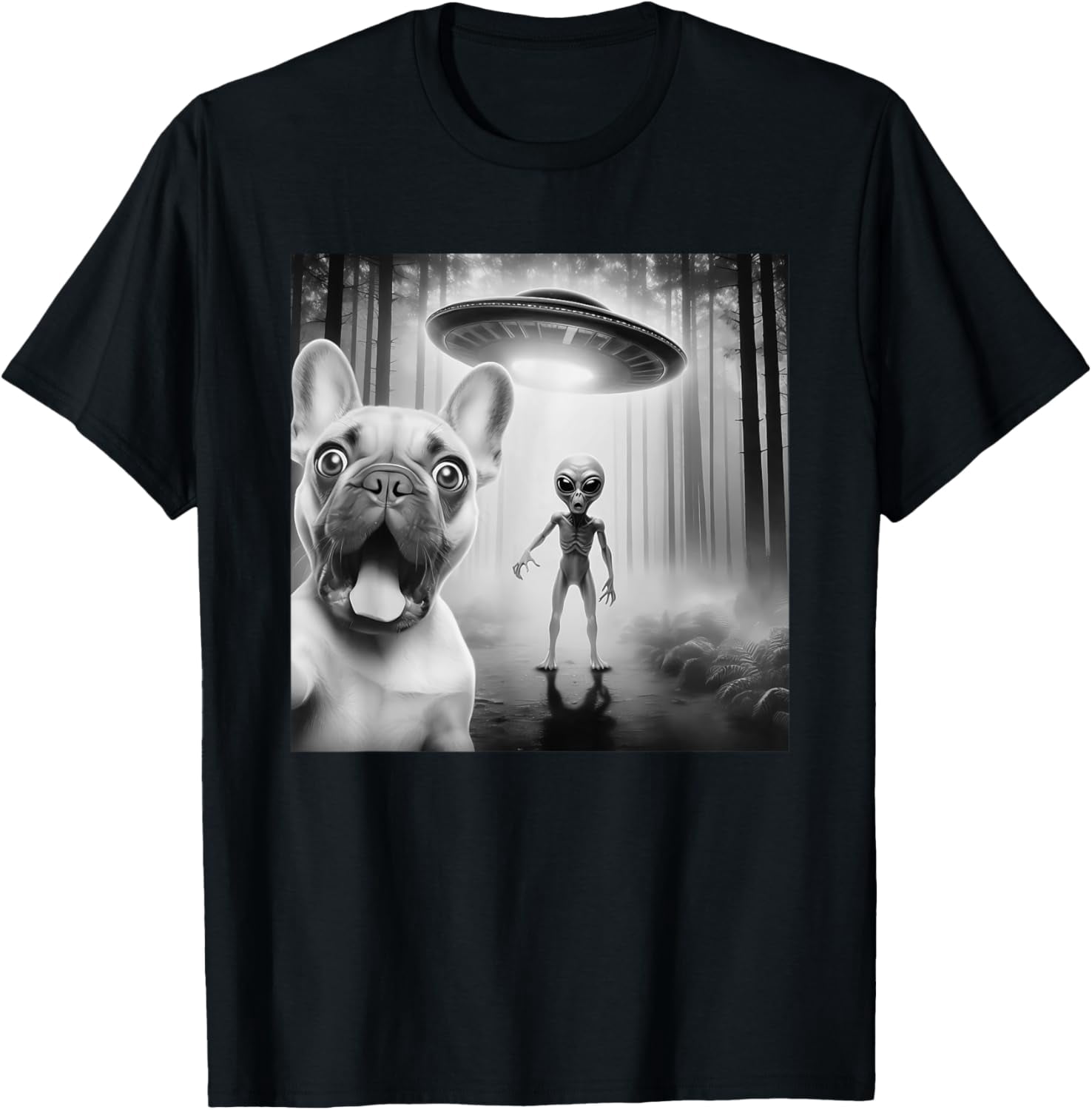 Funny French bulldog surprised Selfie with alien UFO T-Shirt - Walmart.com