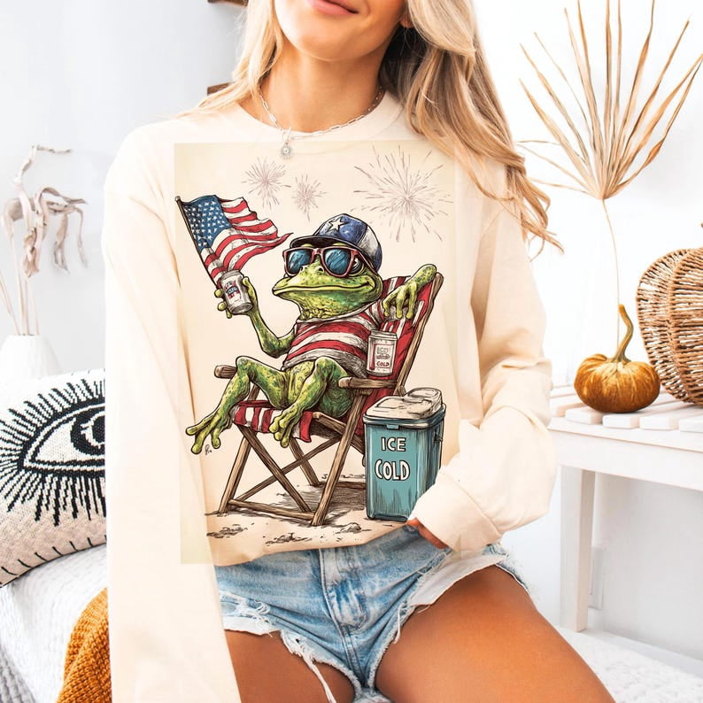 Funny Frog 4th of July Sweatshirt, Retro USA Flag Crewneck, Cute Animal ...
