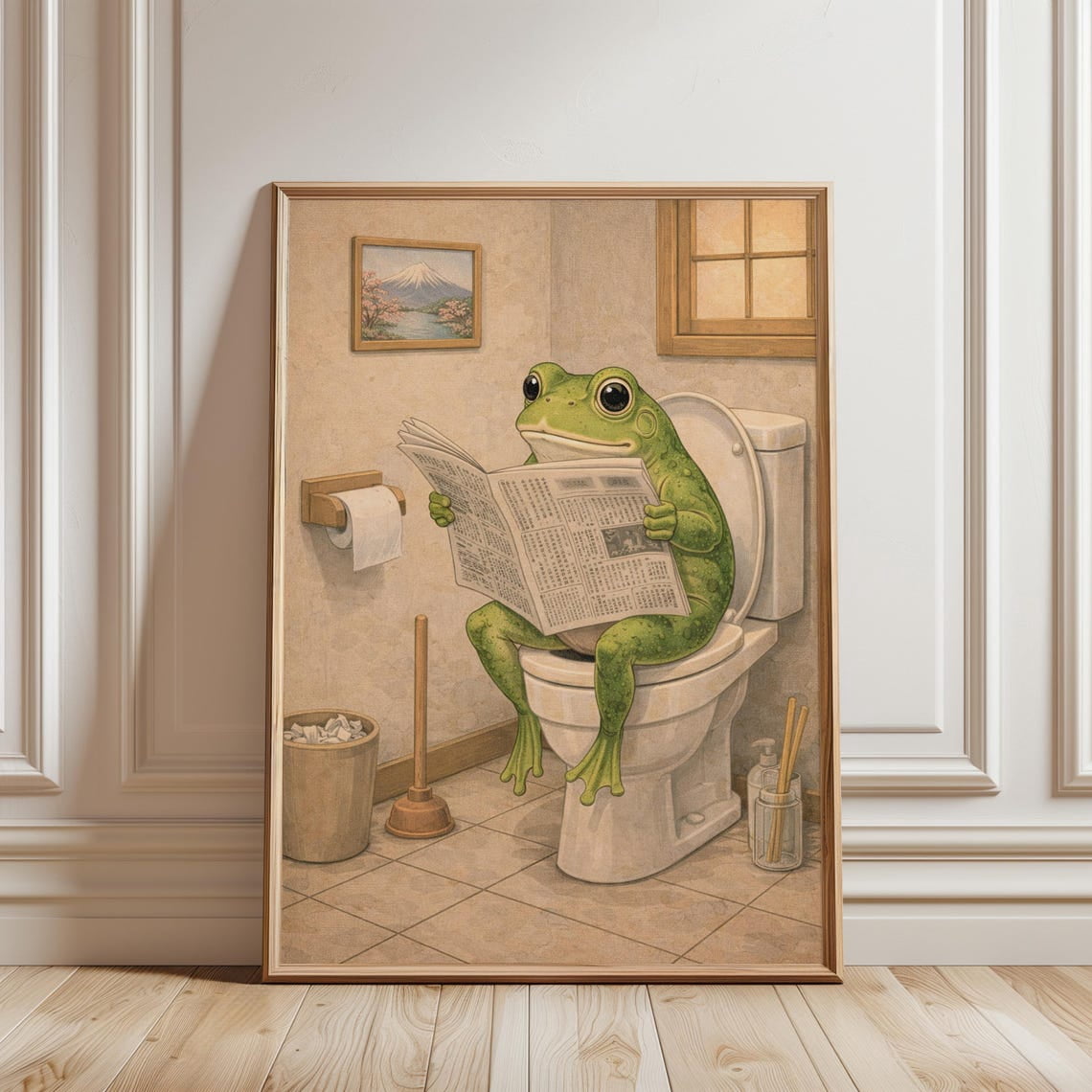 Funny Frog Bathroom Japanese Frog on Toilet Reading Newspaper Humorous ...