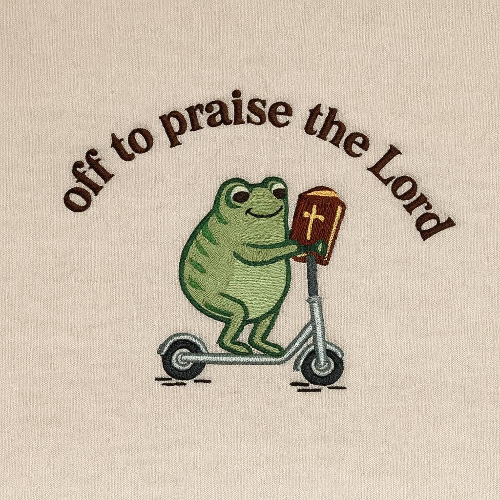 Funny Frog Embroidery Design, Off to Praise the Lord Christian ...