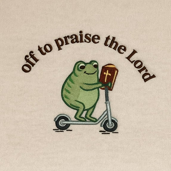 Funny Frog Embroidery Design, Off to Praise the Lord Christian ...