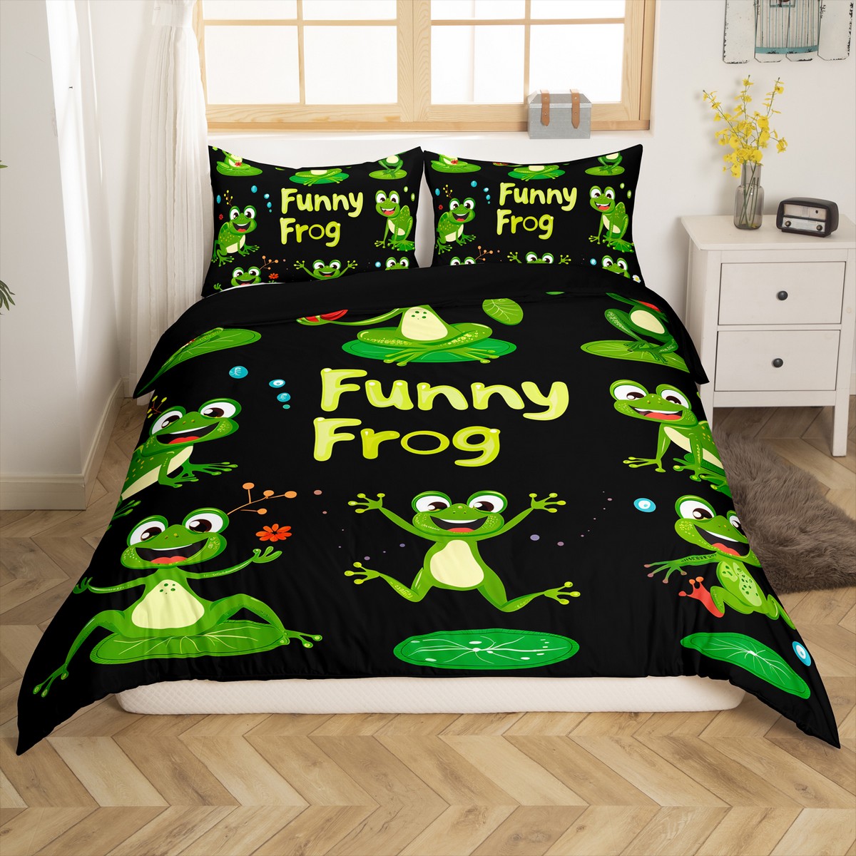 Funny Frog Comforter Cover Queen,Tropical Frog Bedding Set Cute Cartoon ...