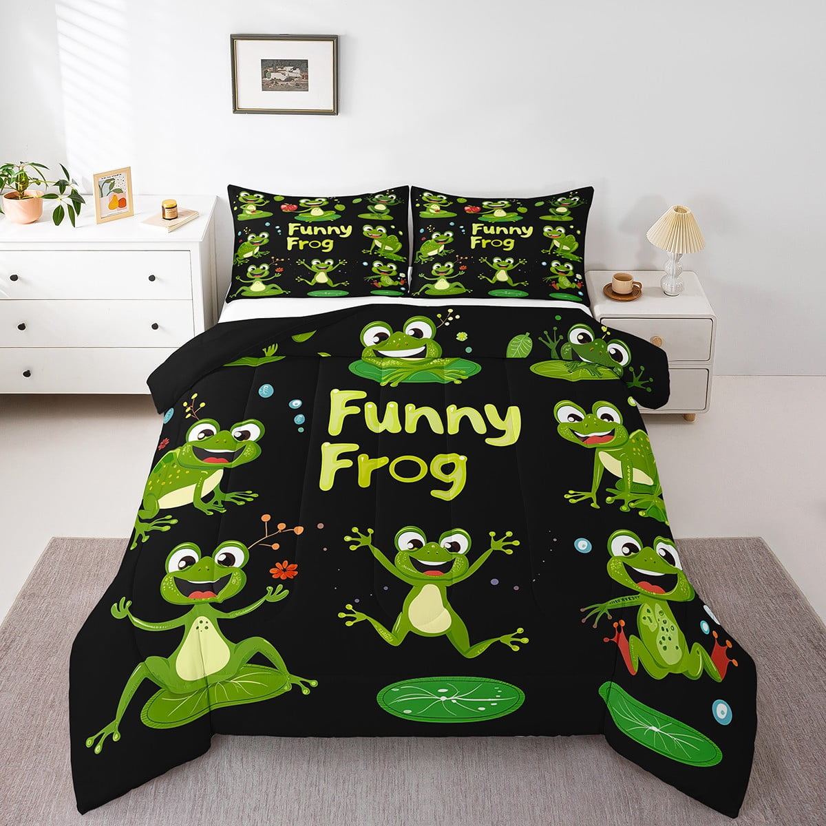 Funny Frog Kids Comforter Set Twin,Tropical Frog Bedding Set Cute ...