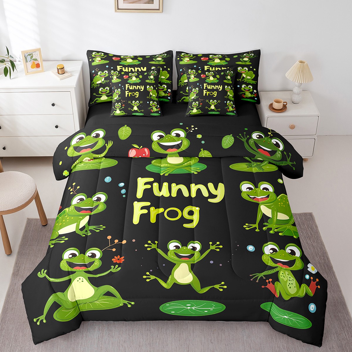 Funny Frog King Comforter Set 7 Piece,Tropical Frog Bedding Set Cute ...
