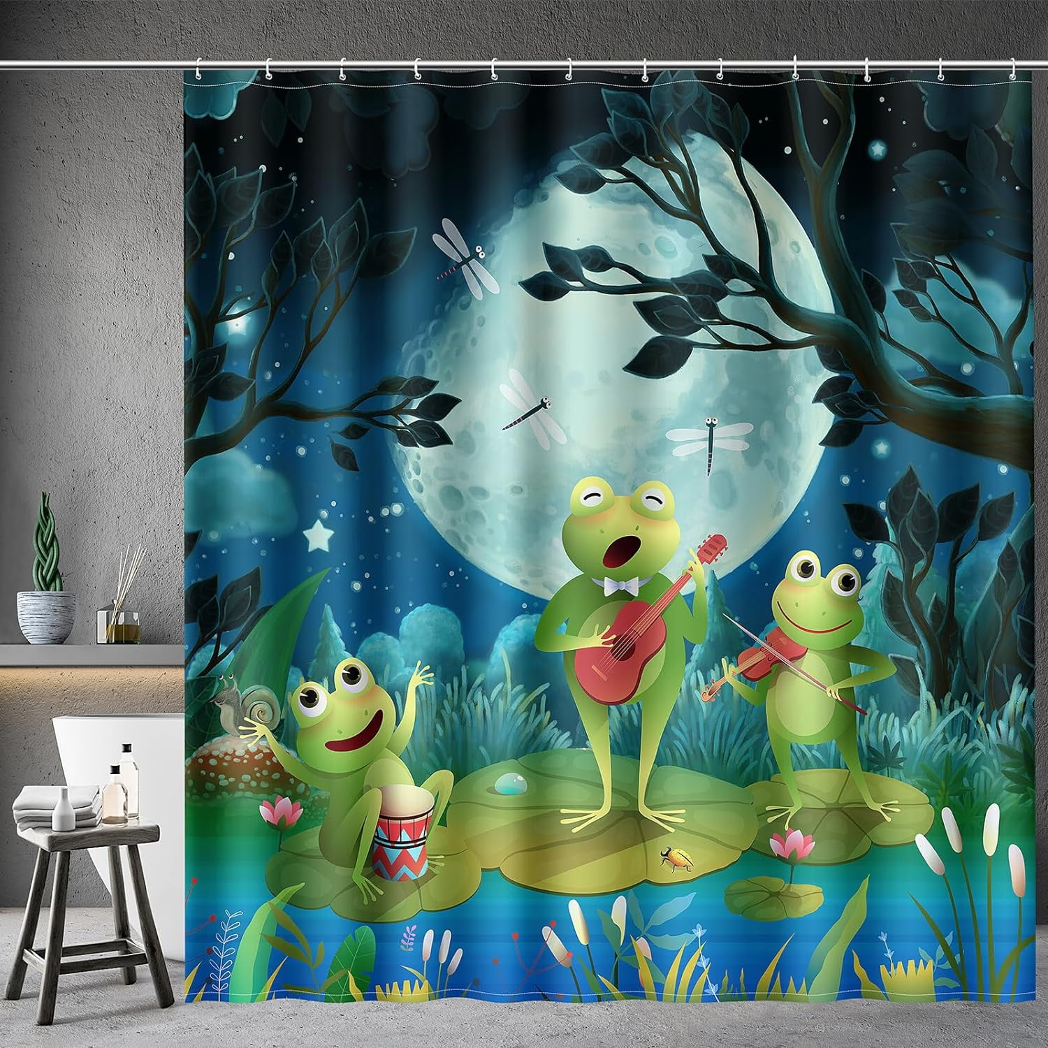 Funny Frog Shower Curtain Cute Cartoon Frogs Dragonfly Lotus Leaf ...