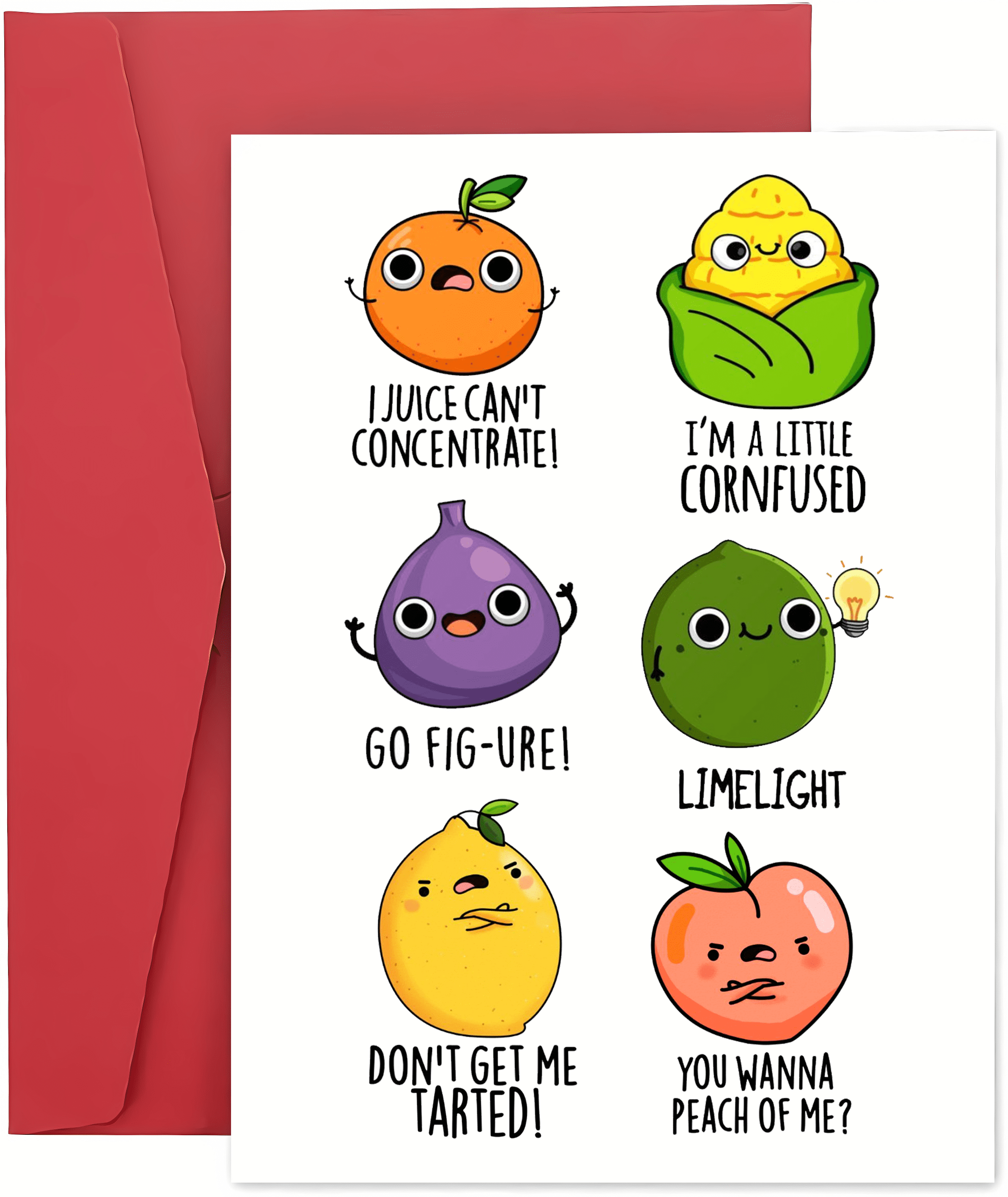 Funny Fruit Puns Greeting Card Set – "Juice Can't Concentrate," "Go Fig ...