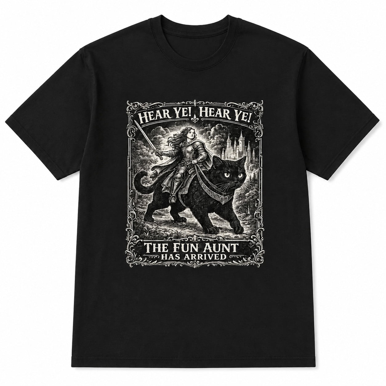 Funny Fun Aunt Black Cat Knight Graphic T-Shirt Cat Meme Auntie Gift ...