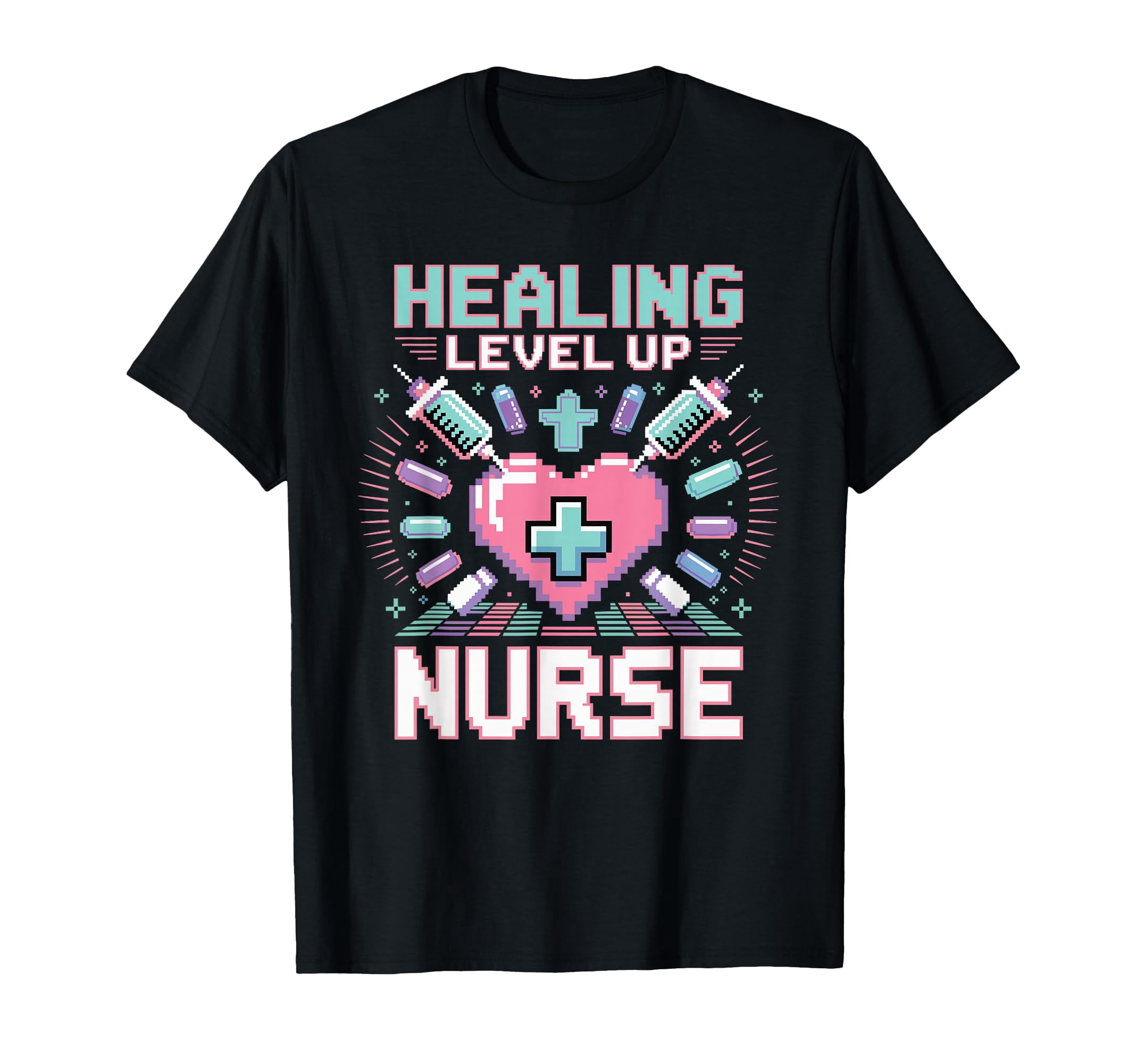 Funny Gaming Nurse Pixel Art Healing RN T-Shirt - Level Up Style ...