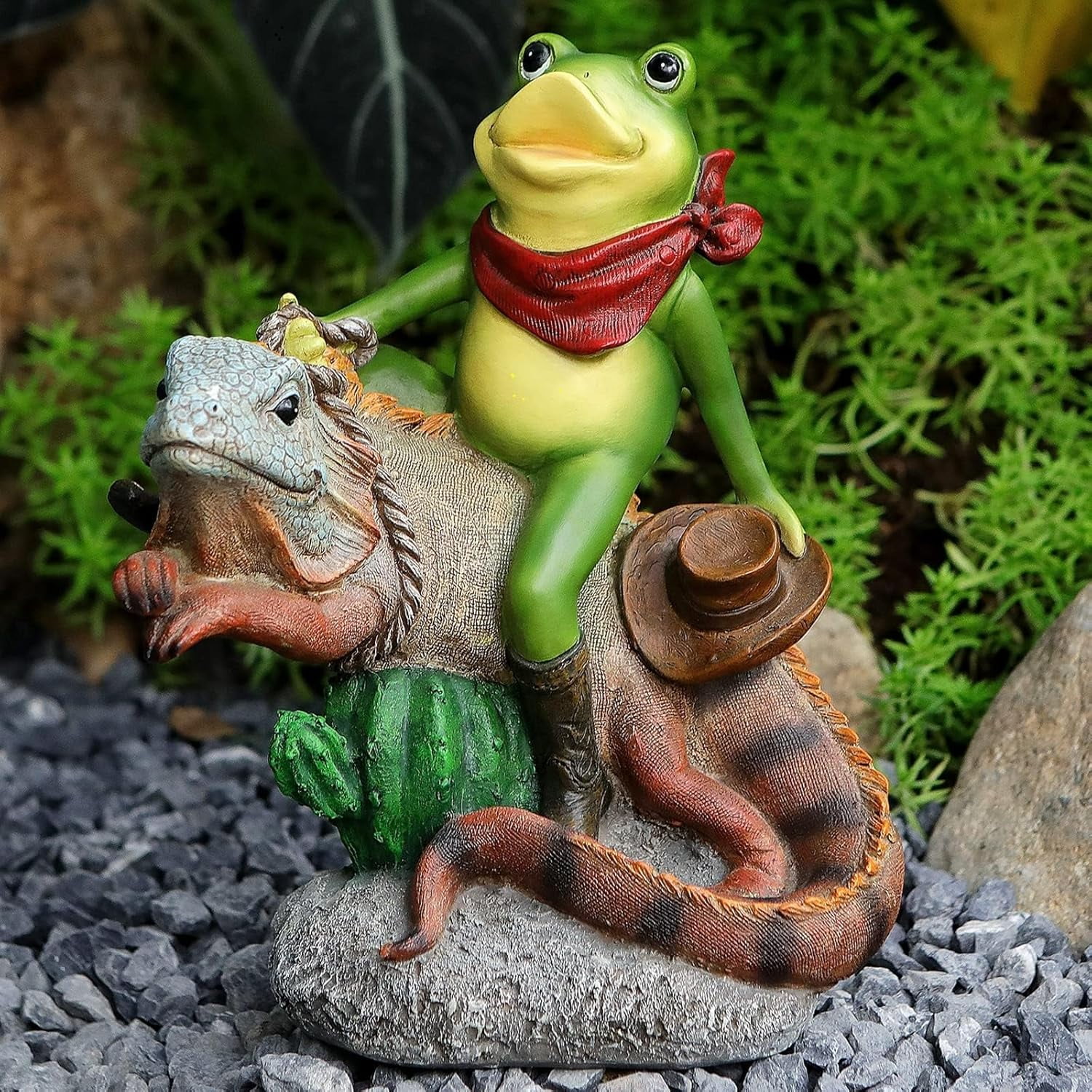 Funny Garden Statue Cowboy Frog Decor Figurine Frog Riding Iguana Resin ...