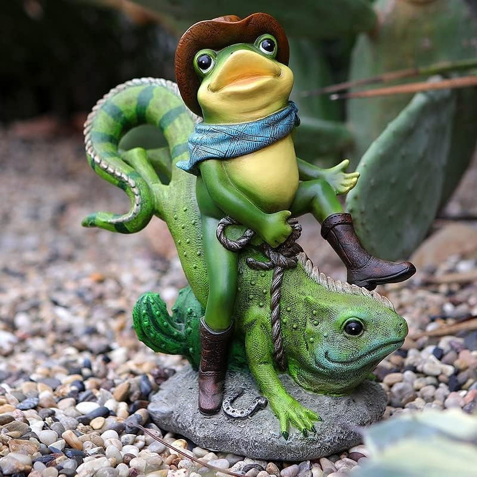 Funny Garden Statue Cowboy Frog Decor Figurine Frog Riding Iguana Resin ...