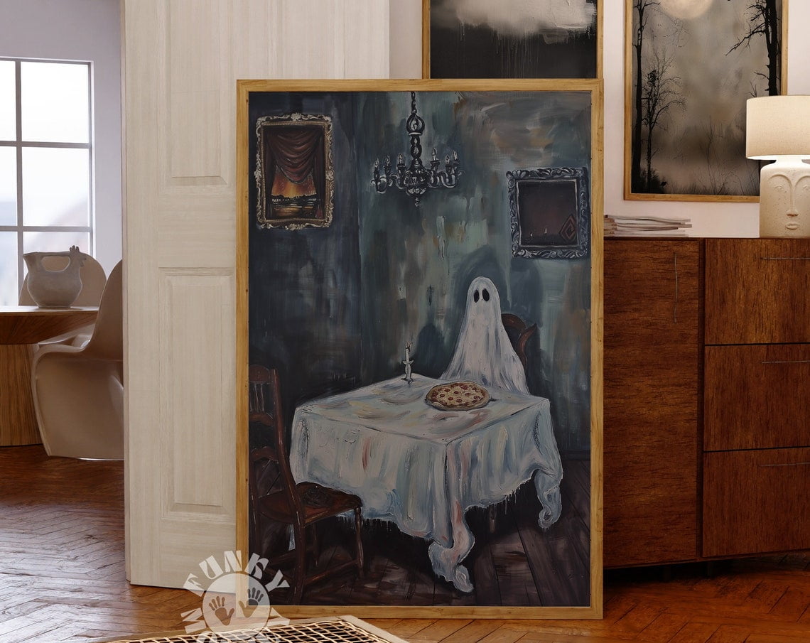 Funny Ghost Wall Art Print, Cute Ghost Eating Pizza Vintage Style ...
