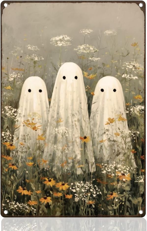 Funny Ghosts Flower Tin Sign Retro Metal Wall Decor 8" x 12" Cute ...