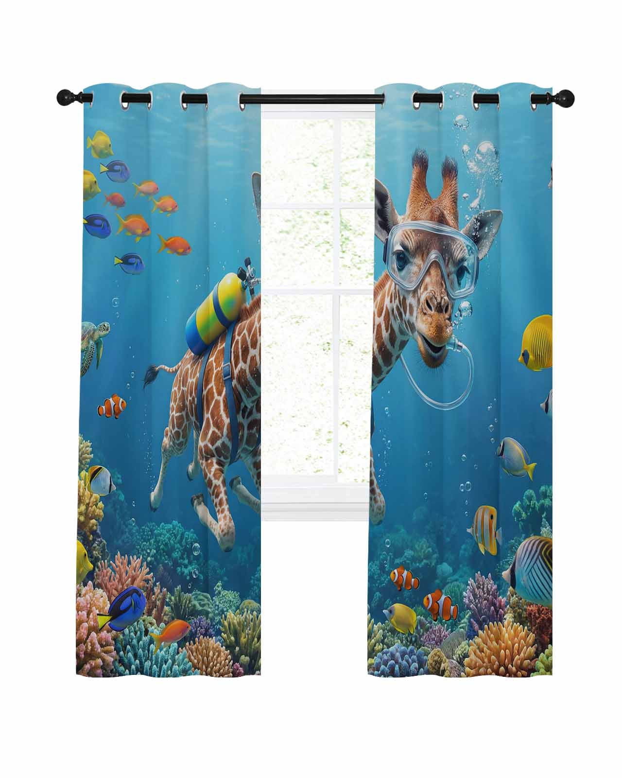 Funny Giraffes Diving Blackout Curtains 63 Inch Length Seafloor Corals ...