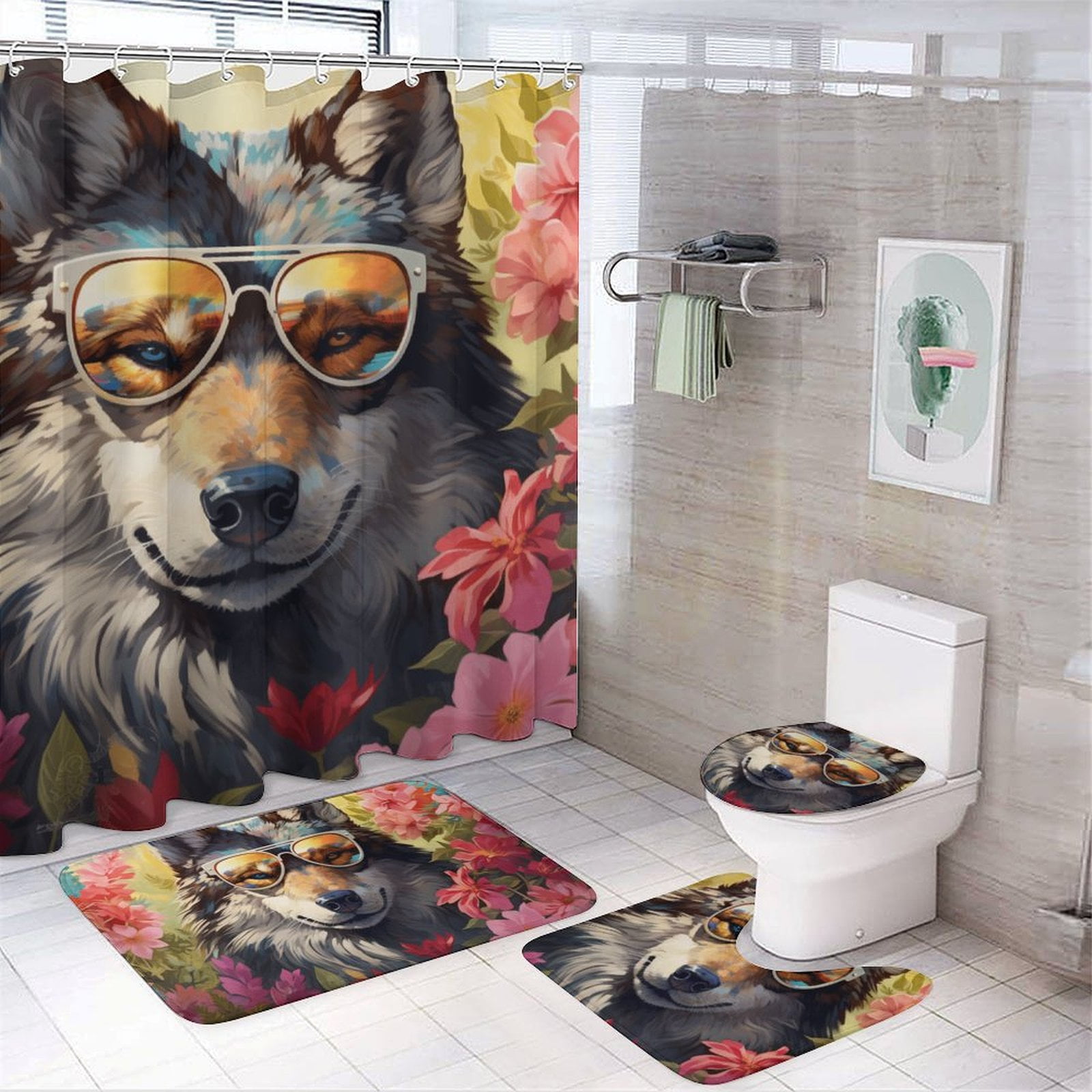 Funny Glasses Wolf Bathroom Sets with Shower Curtain And Rugs, Incl ...