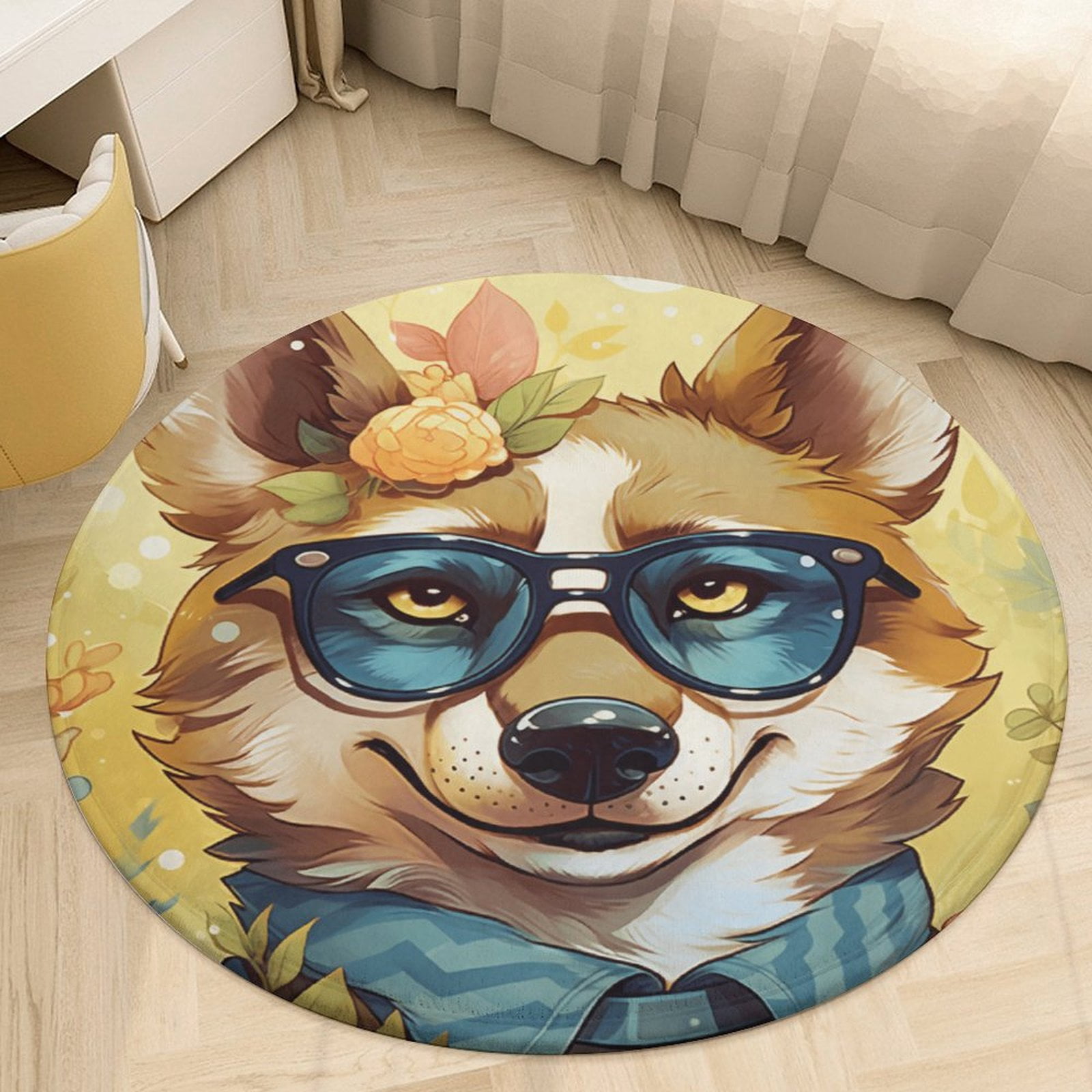 Funny Glasses Wolf Floral Medallion Round Rug - Small Round Area Rug ...