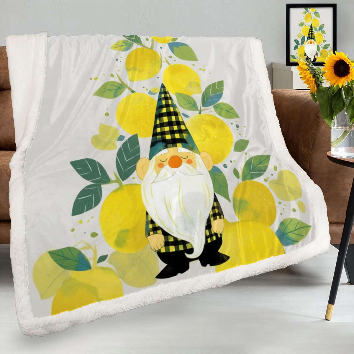 Funny Gnome Yellow Lemon Green Leaf Sherpa Blanket Throw Blanket For Bed Chair Sofa Blanket For ...