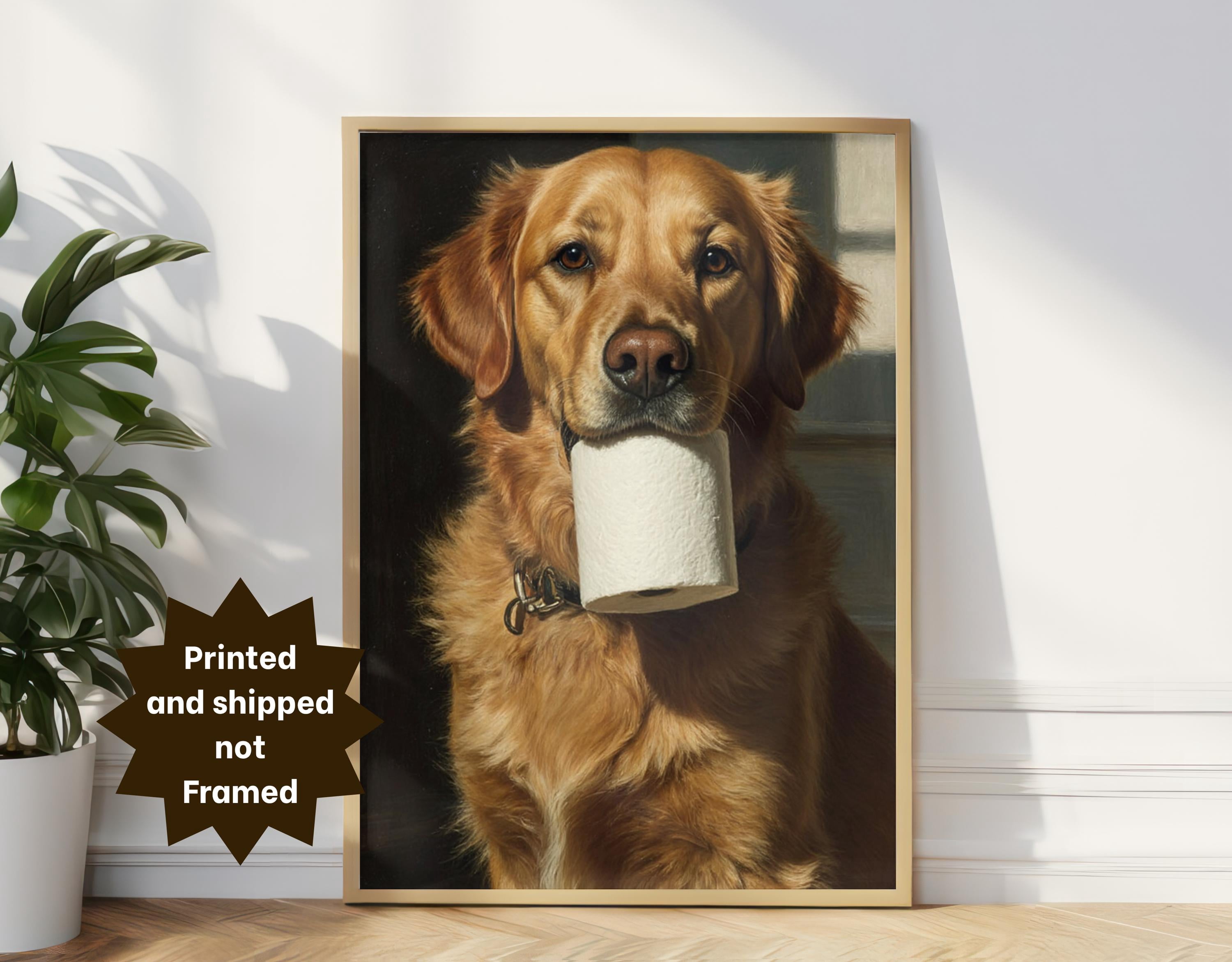 Funny Golden Retriever Bathroom Print: Toilet Paper Humor Art, Vertical ...