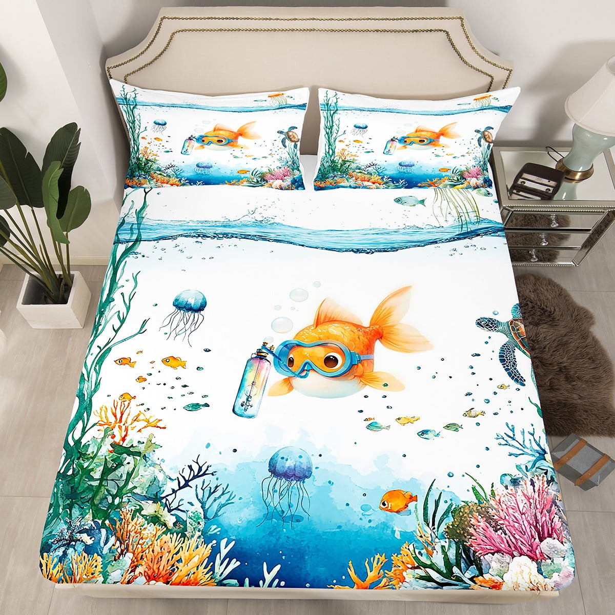 Funny Goldfish Fitted Sheet Sea Turtle Jellyfish Coastal Twin Bed ...