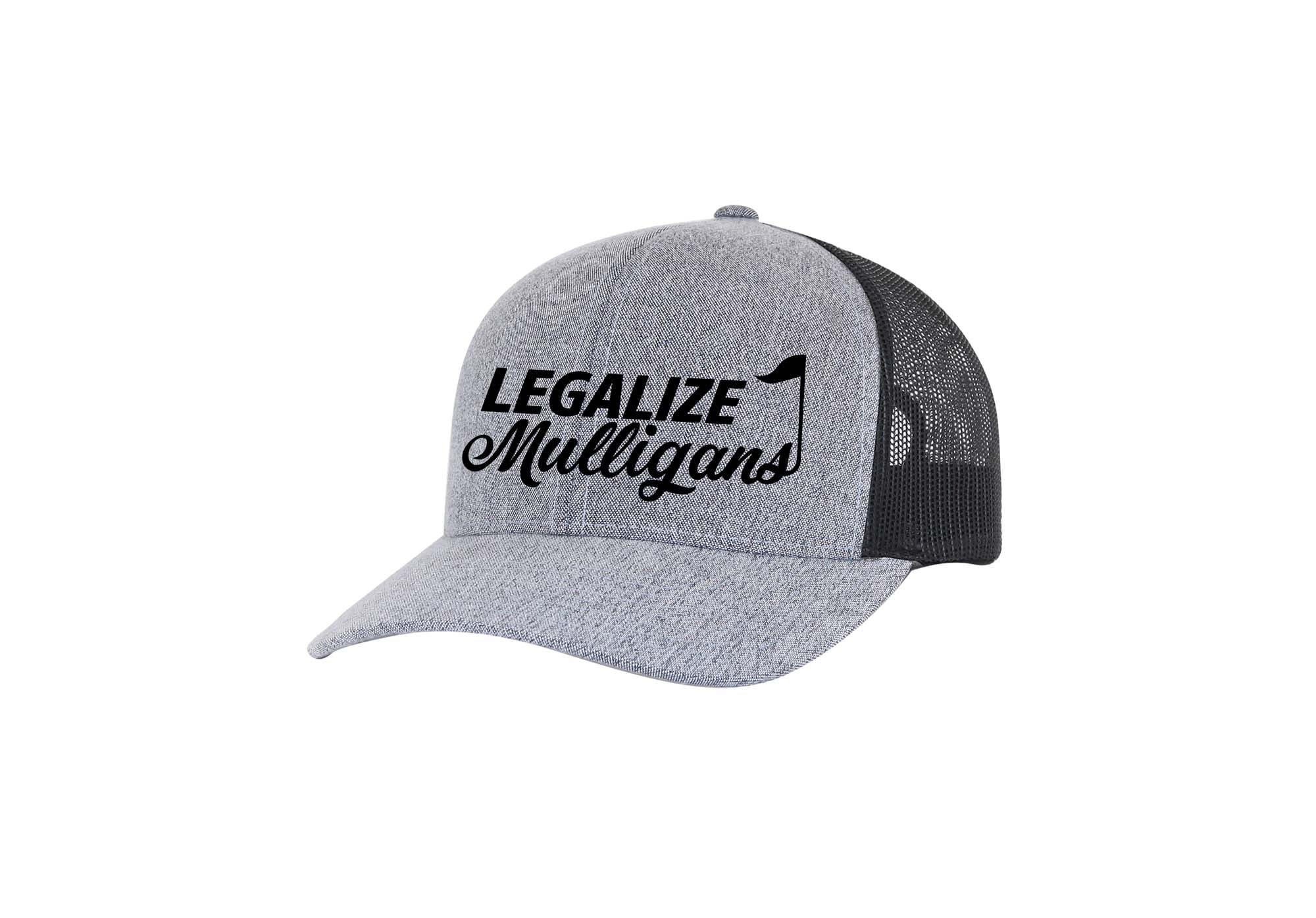 Funny Golf Legalize Mulligans Men's Embroidered Mesh Back Trucker Hat-Heather Grey/Black ...