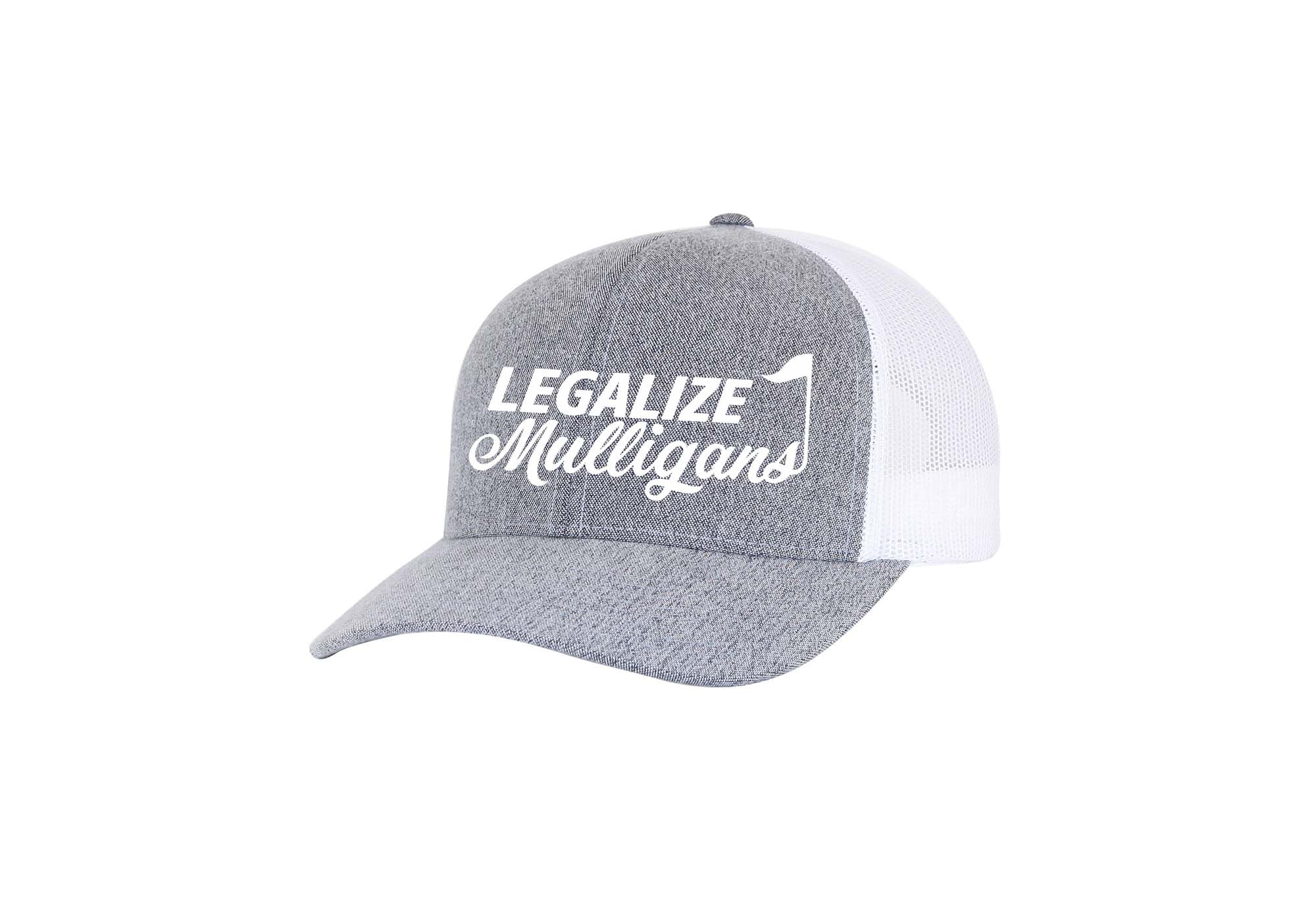 Funny Golf Legalize Mulligans Men's Embroidered Mesh Back Trucker Hat-Heather Grey/White ...