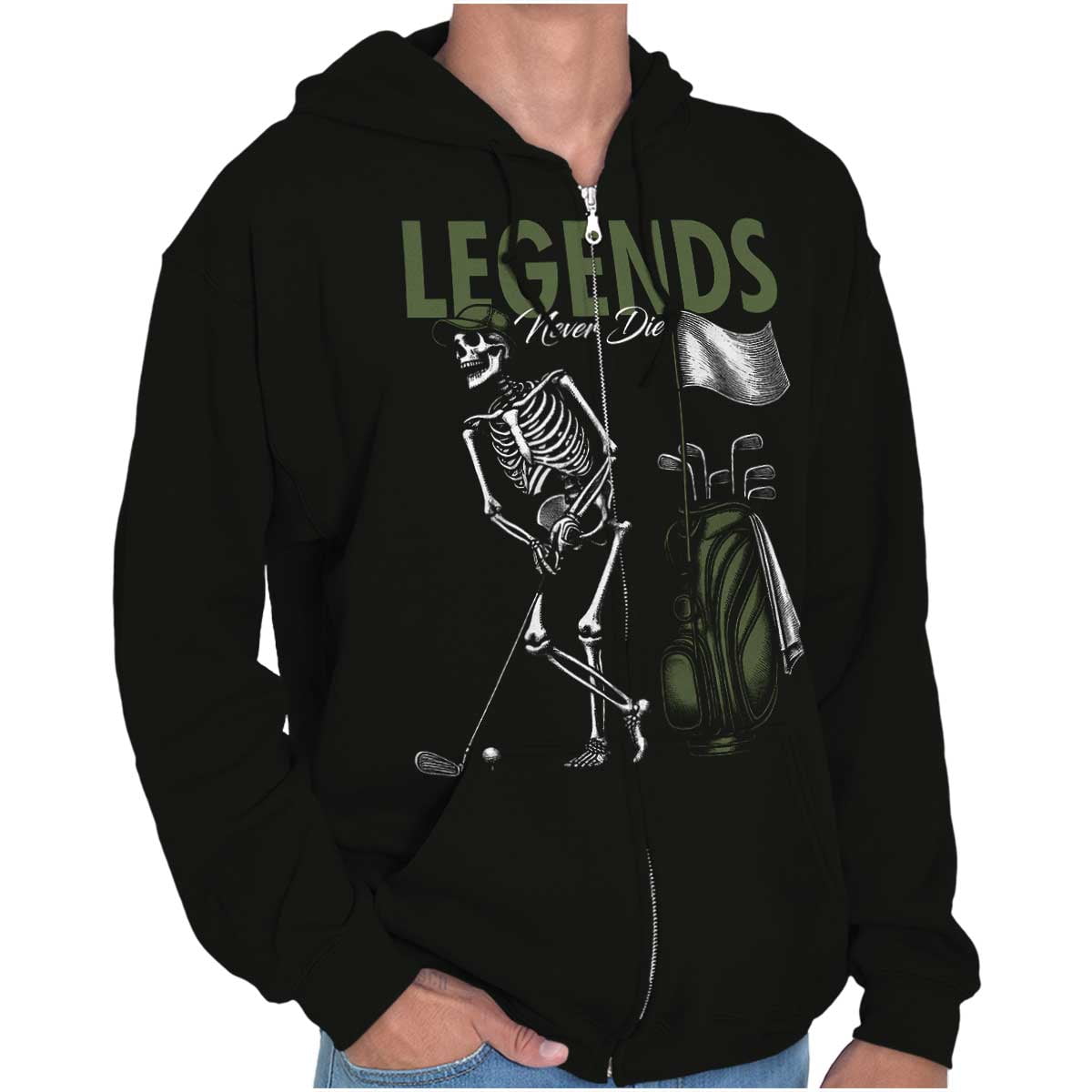 Funny Golf Skeleton Legends Never Die Zip Hoodie Sweatshirt Men Brisco ...