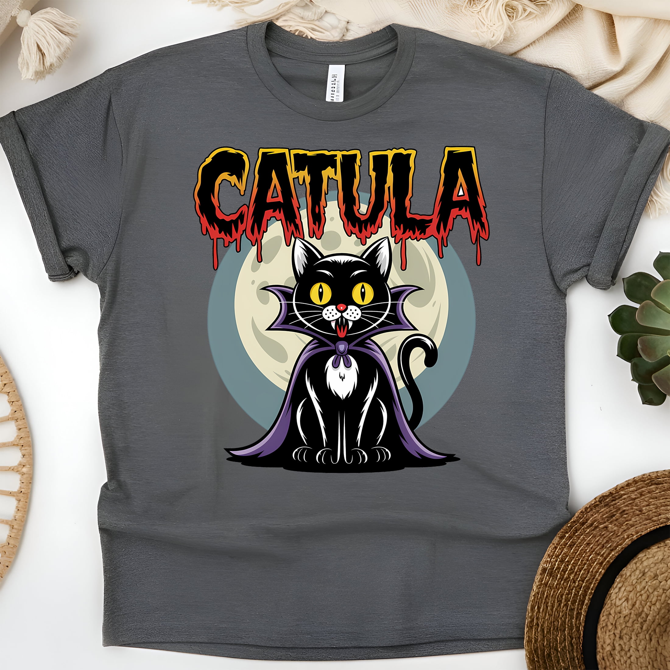 Funny Graphic T-Shirt, Catula Vampire Cat Design, Short Sleeve Tee ...