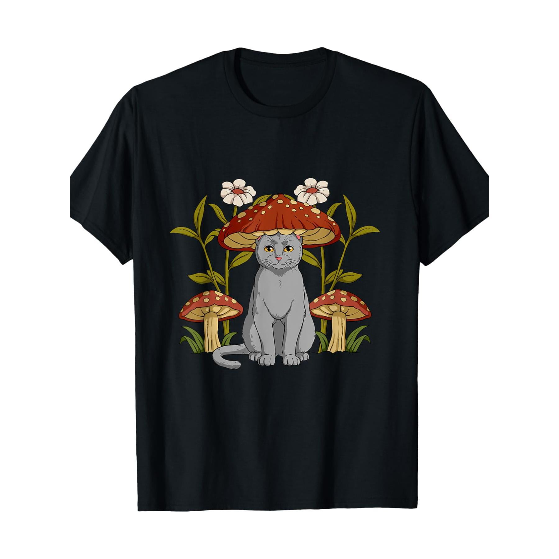 Funny Graphic Tee,Tops Has Whimsical Cat and Mushroom Graphic,Round Neck Regular Fit T-shirts ...