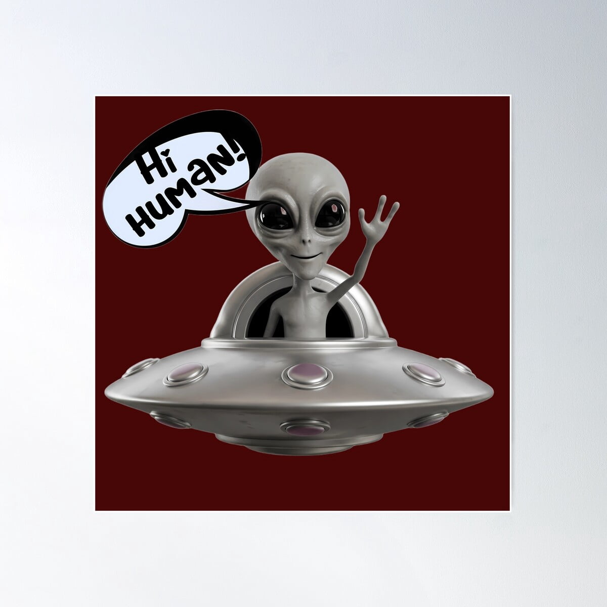 Funny Gray Alien Waving: Unique Digital Illustration Poster Wall Art ...